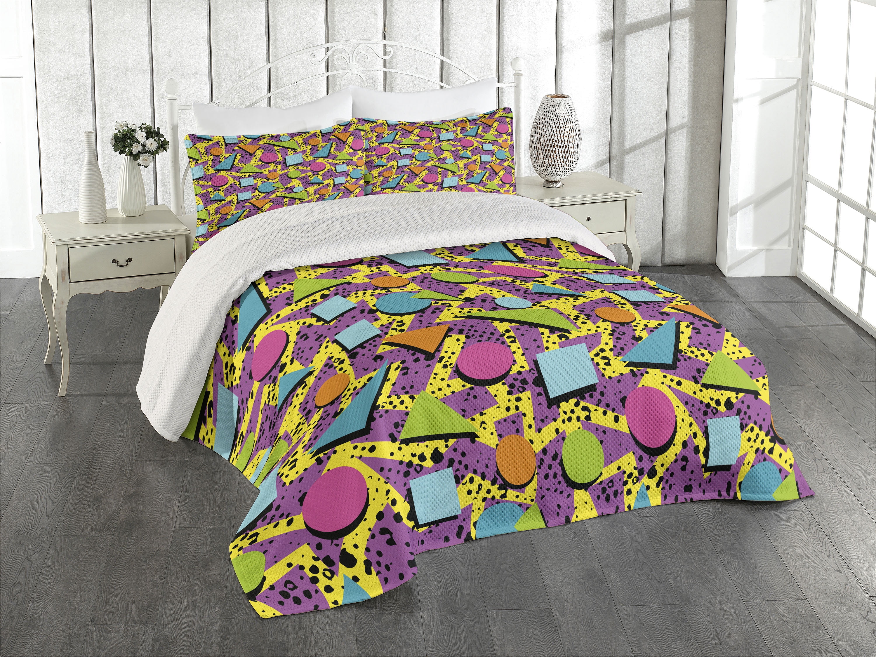 Ambesonne Vintage Quilted Coverlet 3 Pcs, Funky Geometric Style, Queen ...