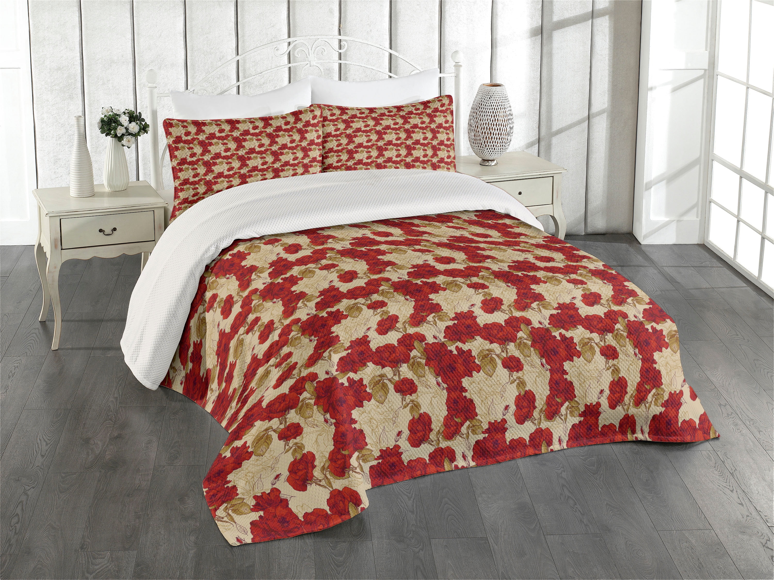 Ambesonne Vintage Quilted Coverlet 3 Pcs, Romantic Red Roses, King Size ...