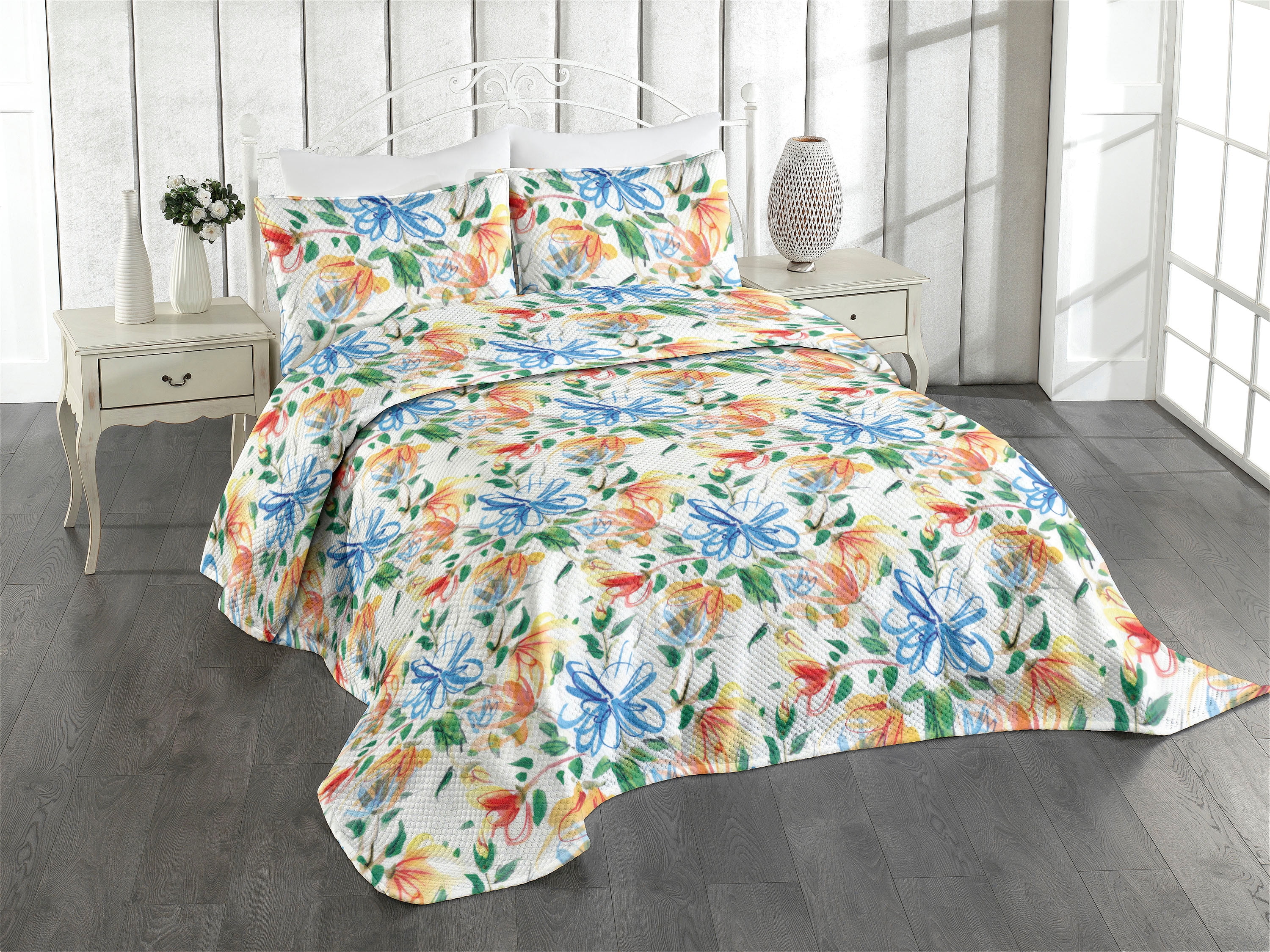 Ambesonne Vintage Quilted Coverlet 3 Pcs, Watercolor Flowers Leaves ...