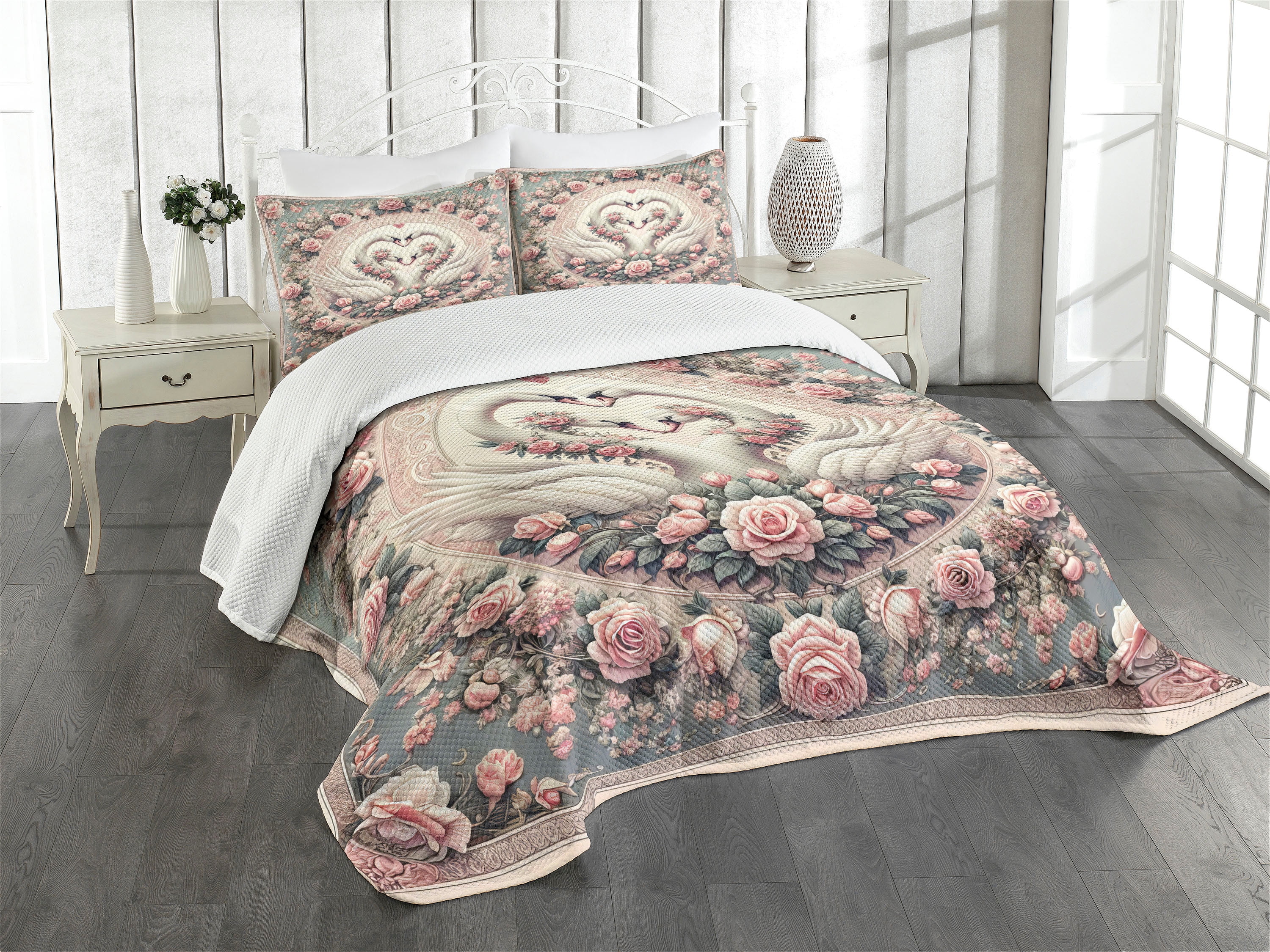 Ambesonne Vintage Romantic Quilted Bedspread Set 3 Pcs, Doves and Roses ...