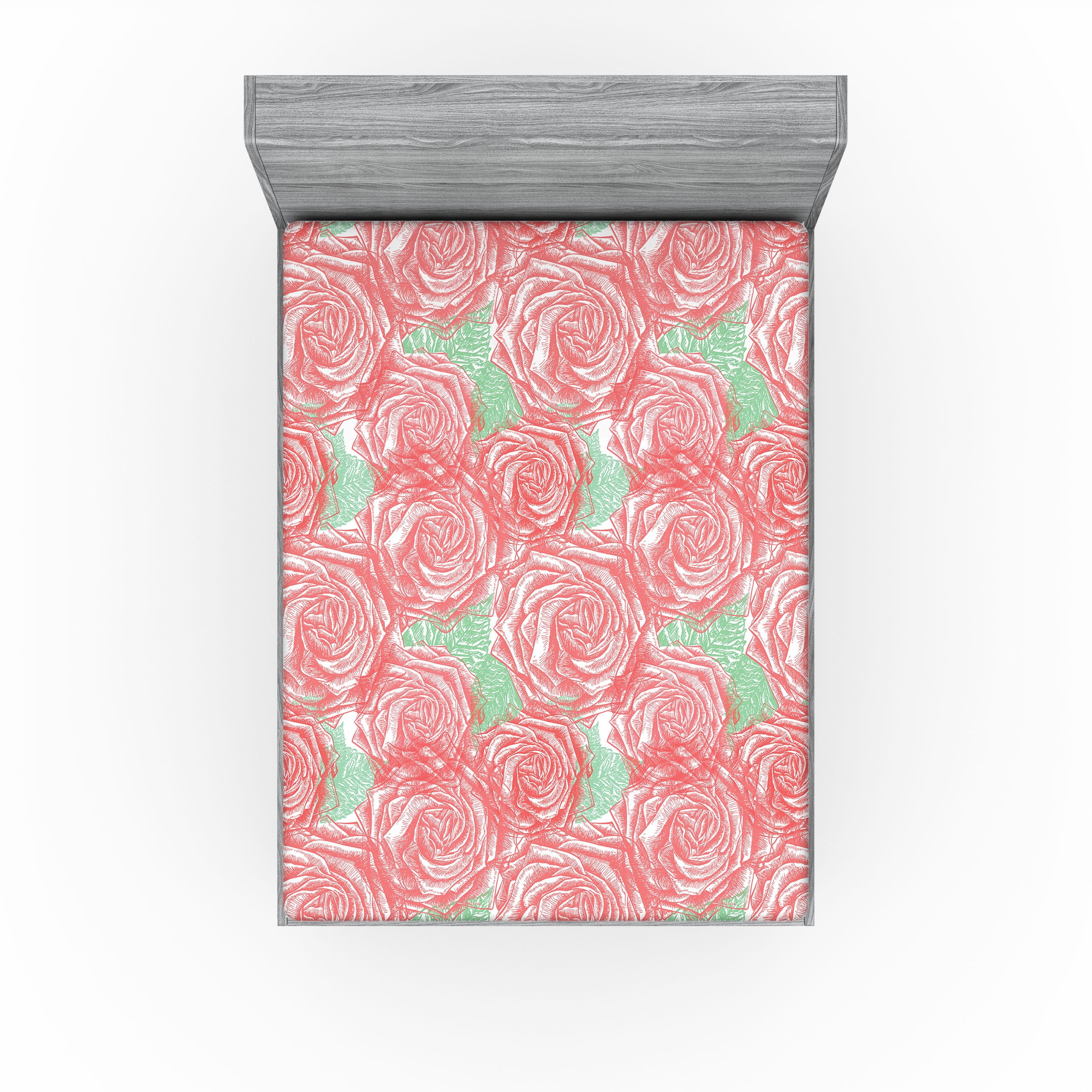 Ambesonne Vintage Rose Fitted Sheet, Romantic Minty Leaf, Queen Size ...
