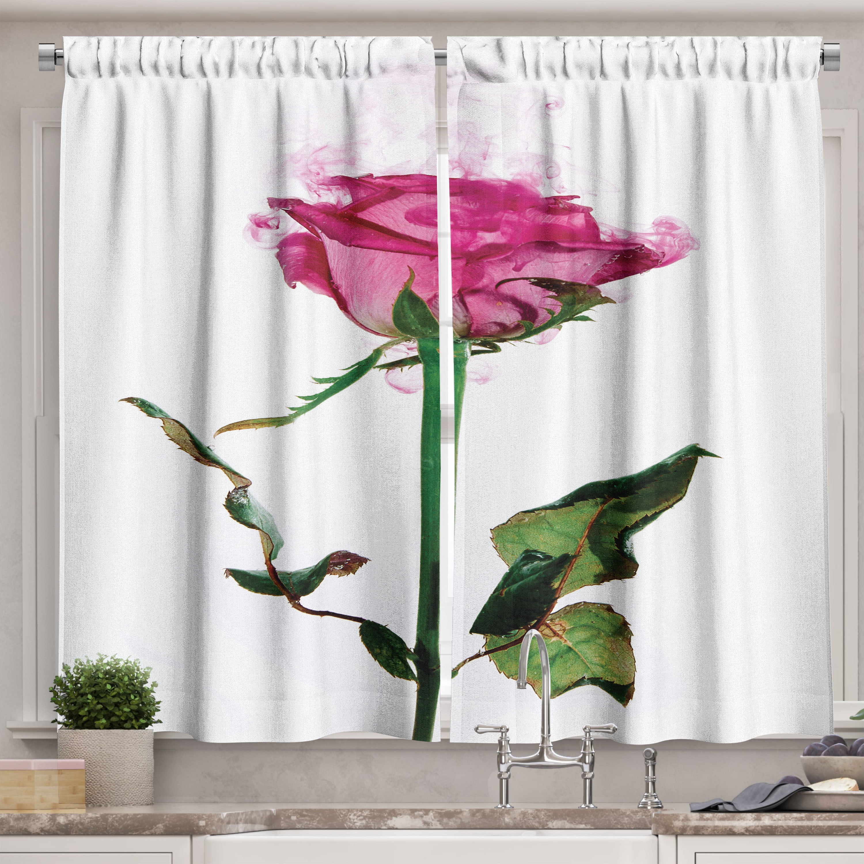 Ambesonne Vintage Rose Kitchen Curtains, Single Flower Branch, 55"x45 ...