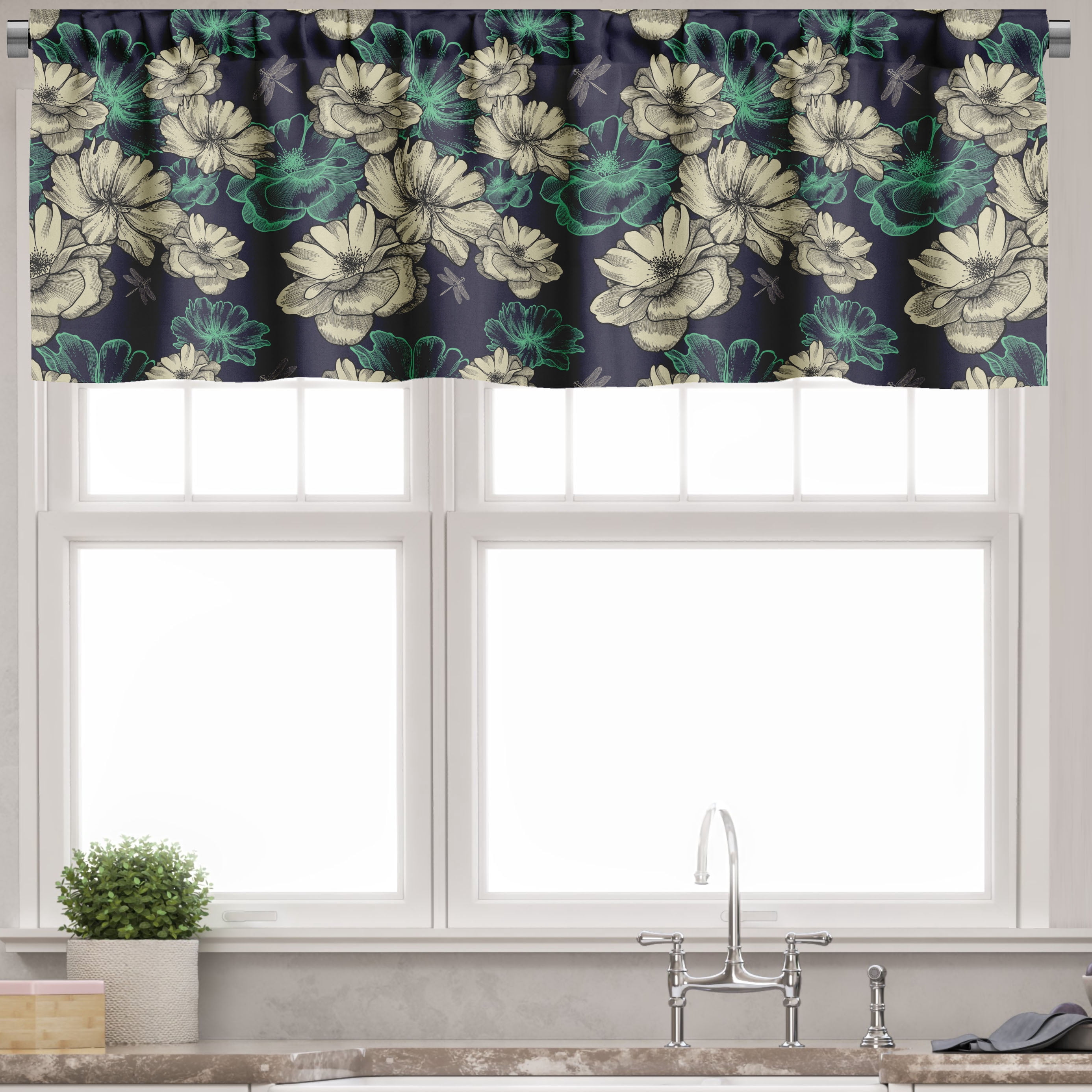 Ambesonne Vintage Window Valance, Blossoms Dragonflies, 54" X 18", Mint ...