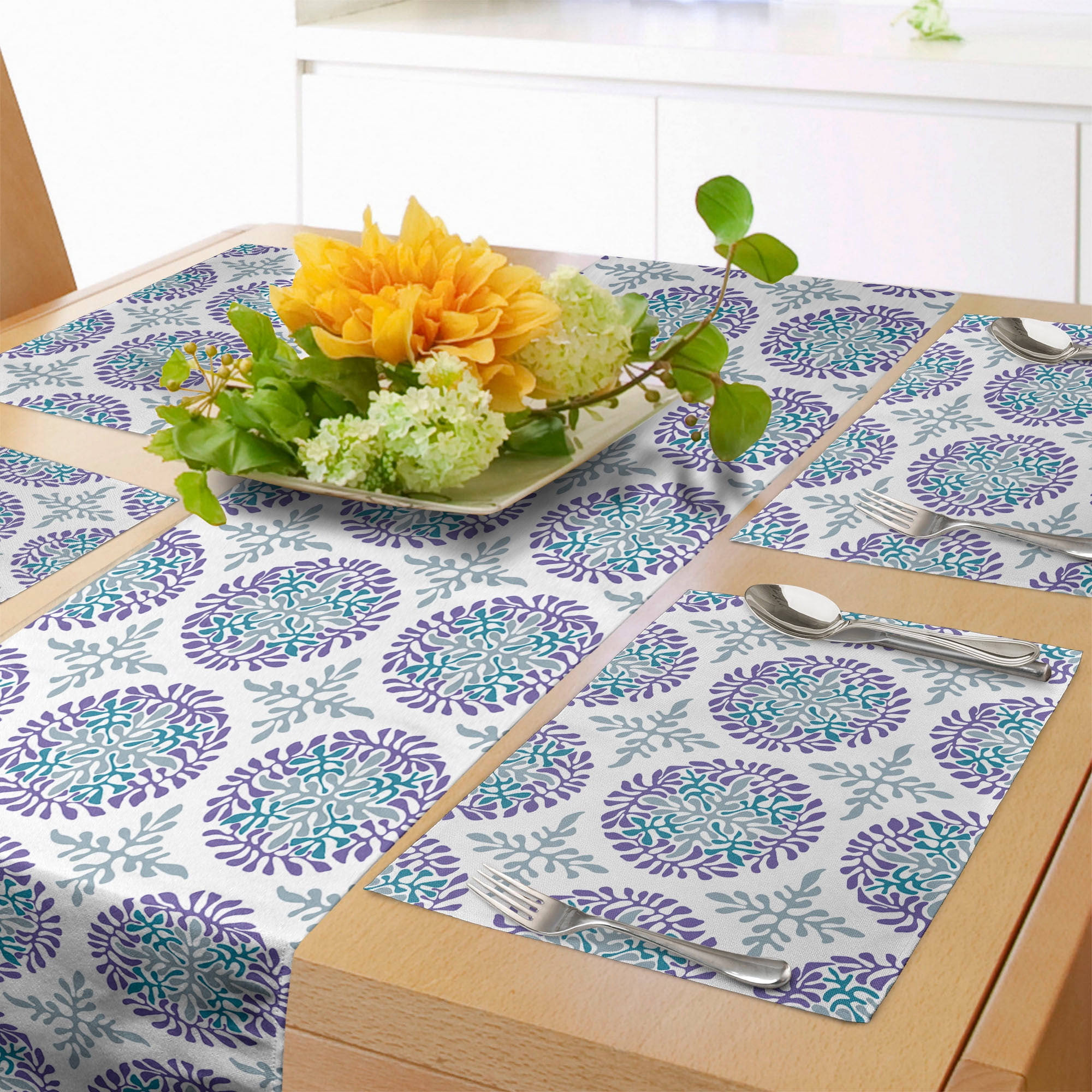 Ambesonne Vintage Winter Table Runner & Placemats, Snowflake Medallion ...