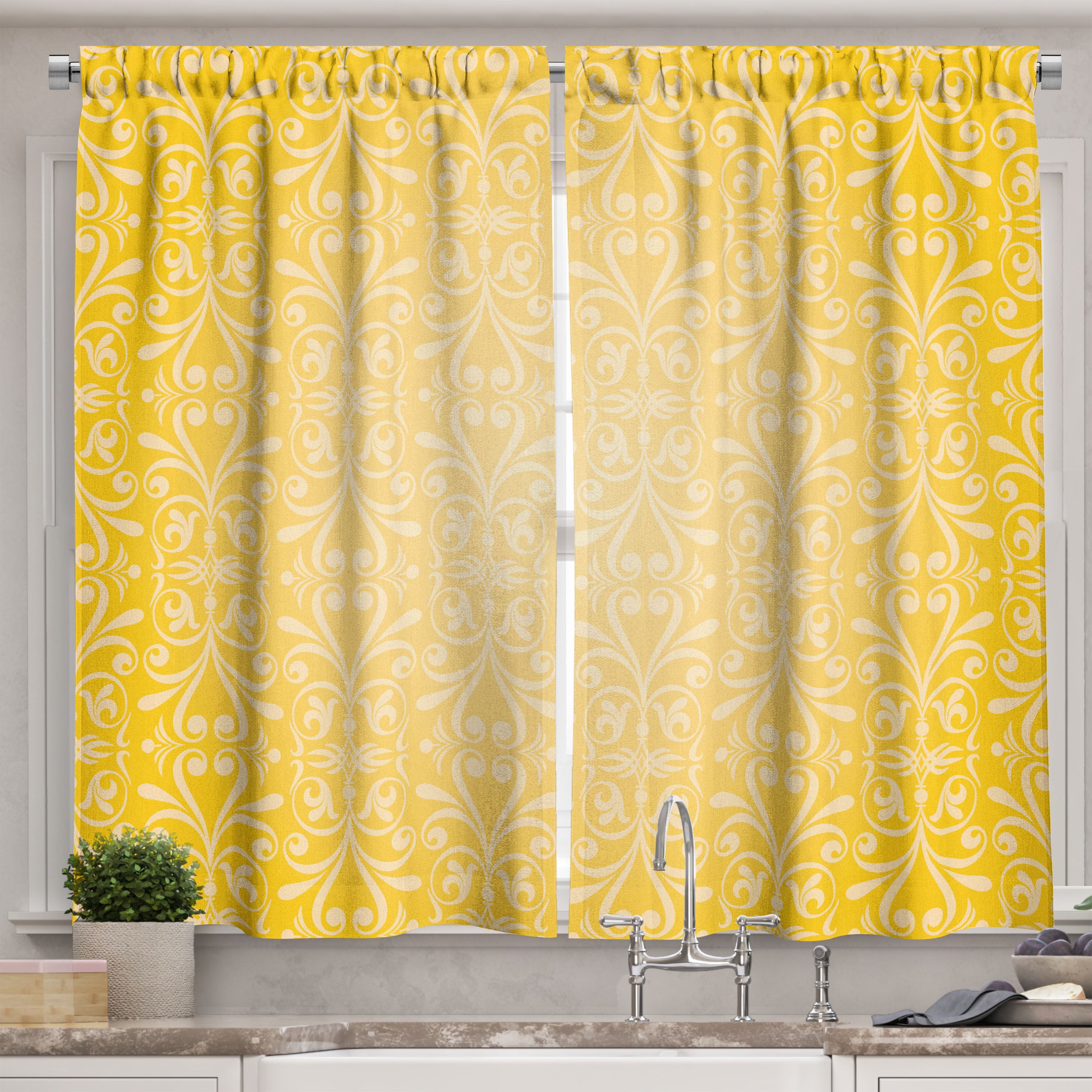 Ambesonne Vintage Yellow Kitchen Curtains, Timeless Royal Motif, 55"x45 ...