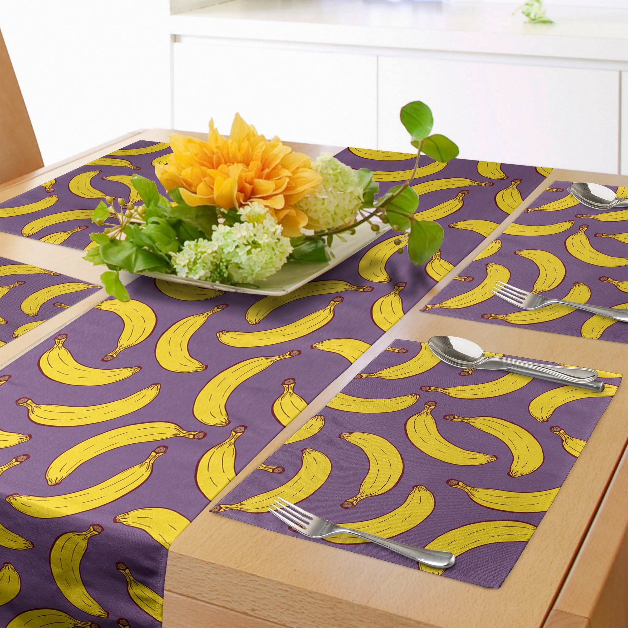Ambesonne Violet Table Runner & Placemats, Cartoon Banana Fruit Art ...