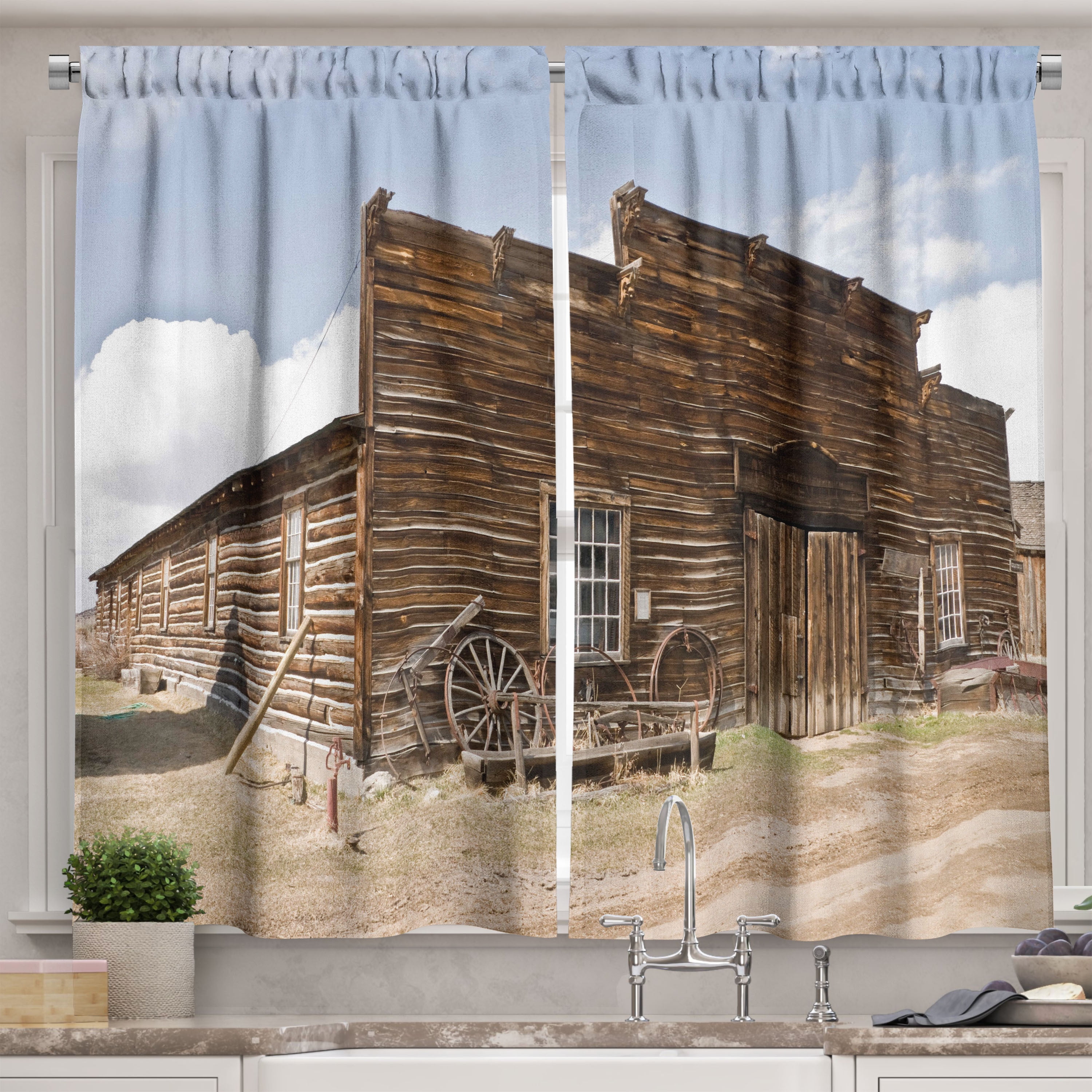 Ambesonne Wagon Wheel Kitchen Curtains, Ghost Town, 55"x45", Sand Brown ...