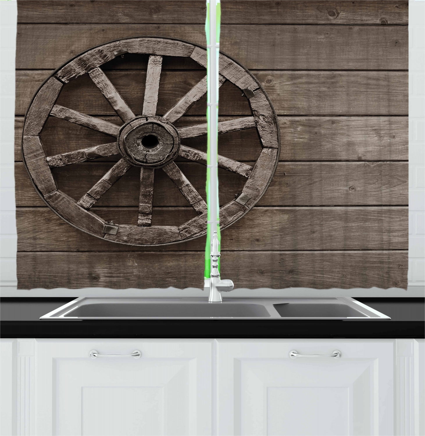 Ambesonne Wagon Wheel Kitchen Curtains, Old Carriage, 55"x39", Umber ...