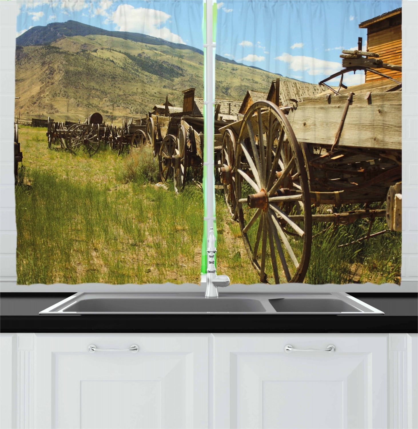 Ambesonne Wagon Wheel Kitchen Curtains, Old Carriages, 55"x39", Green ...