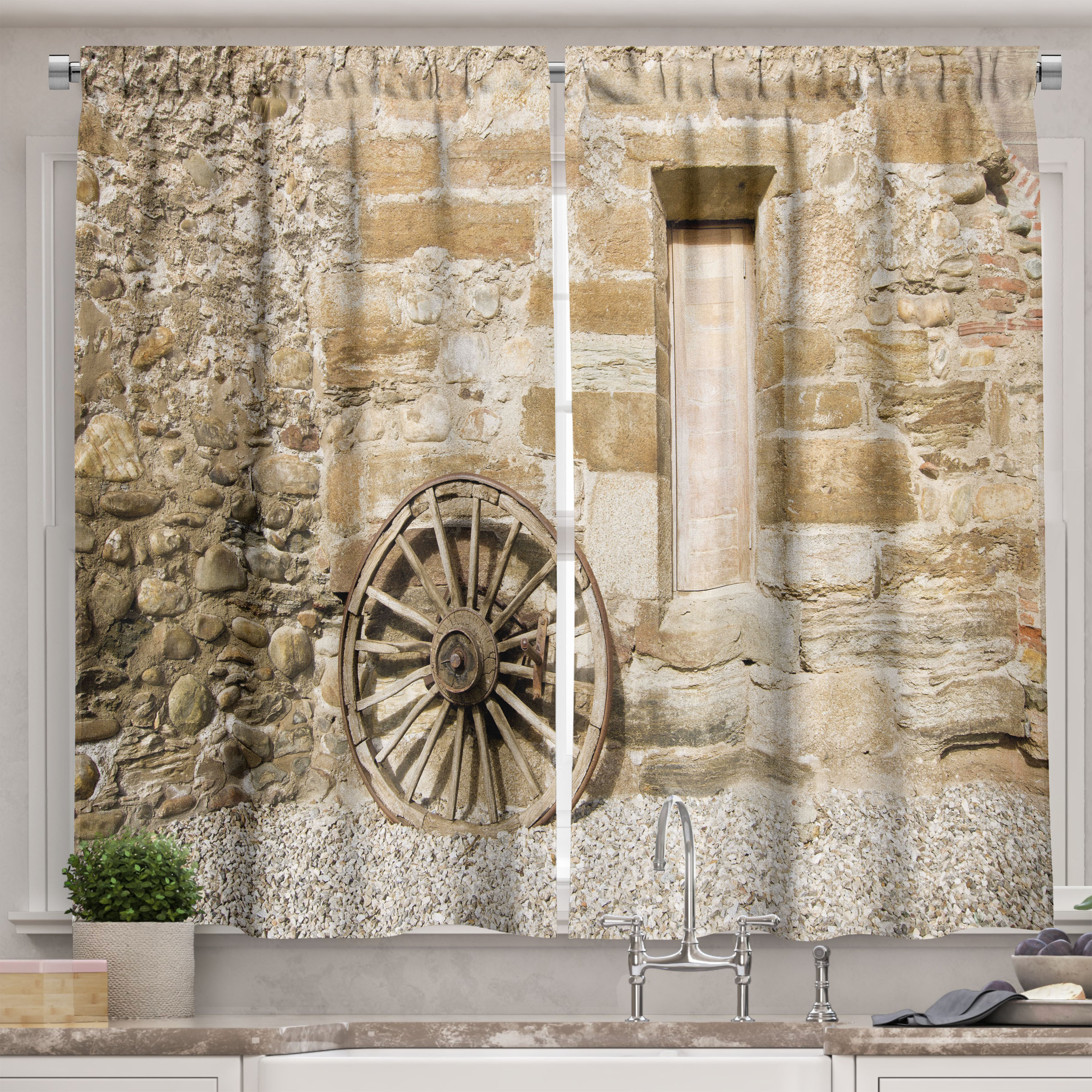 Ambesonne Wagon Wheel Kitchen Curtains, Old Rural Rocky Façade, 55"x39 ...