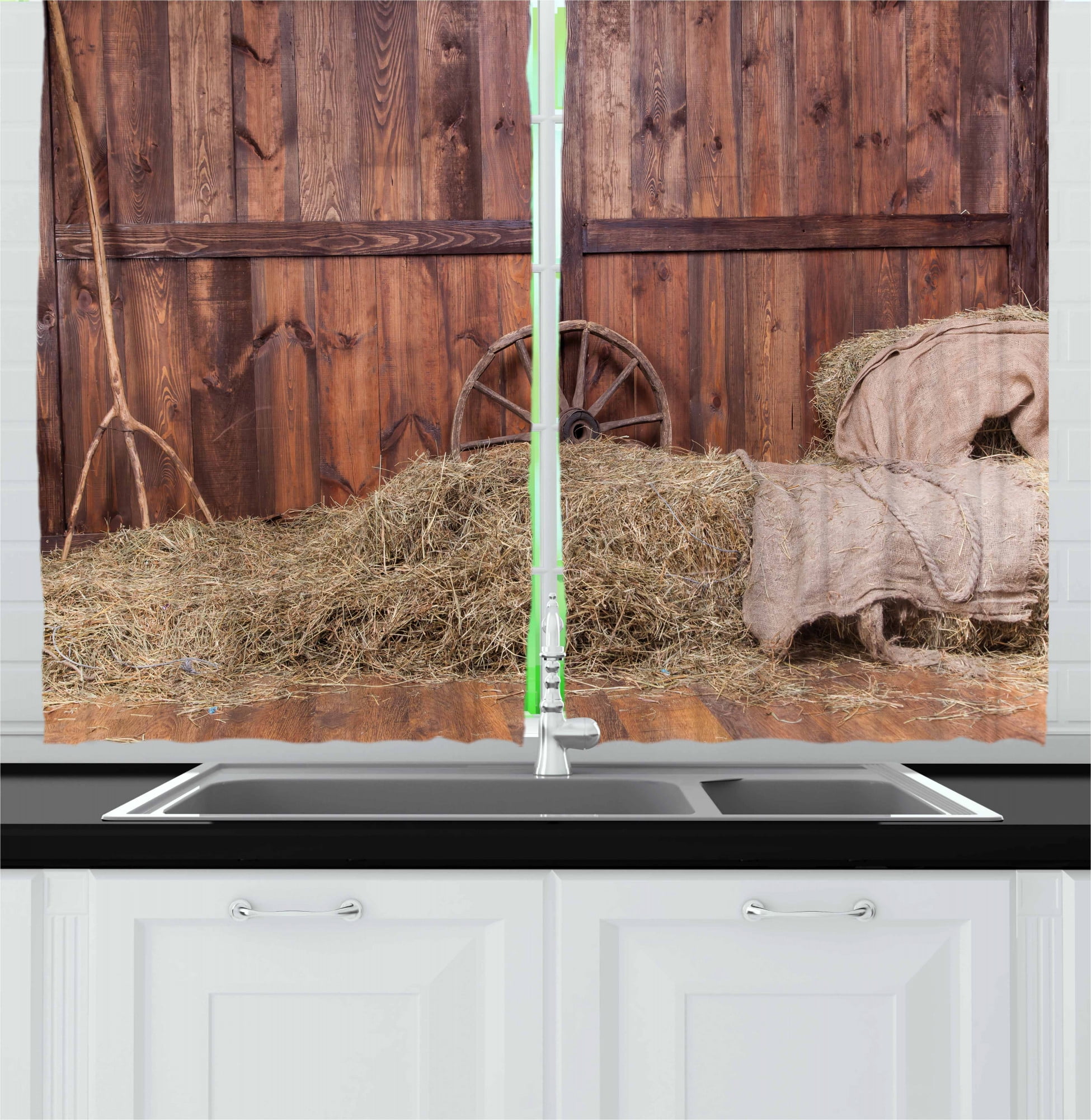 Ambesonne Wagon Wheel Kitchen Curtains, Old Stable, 55"x45", Brown Dust ...