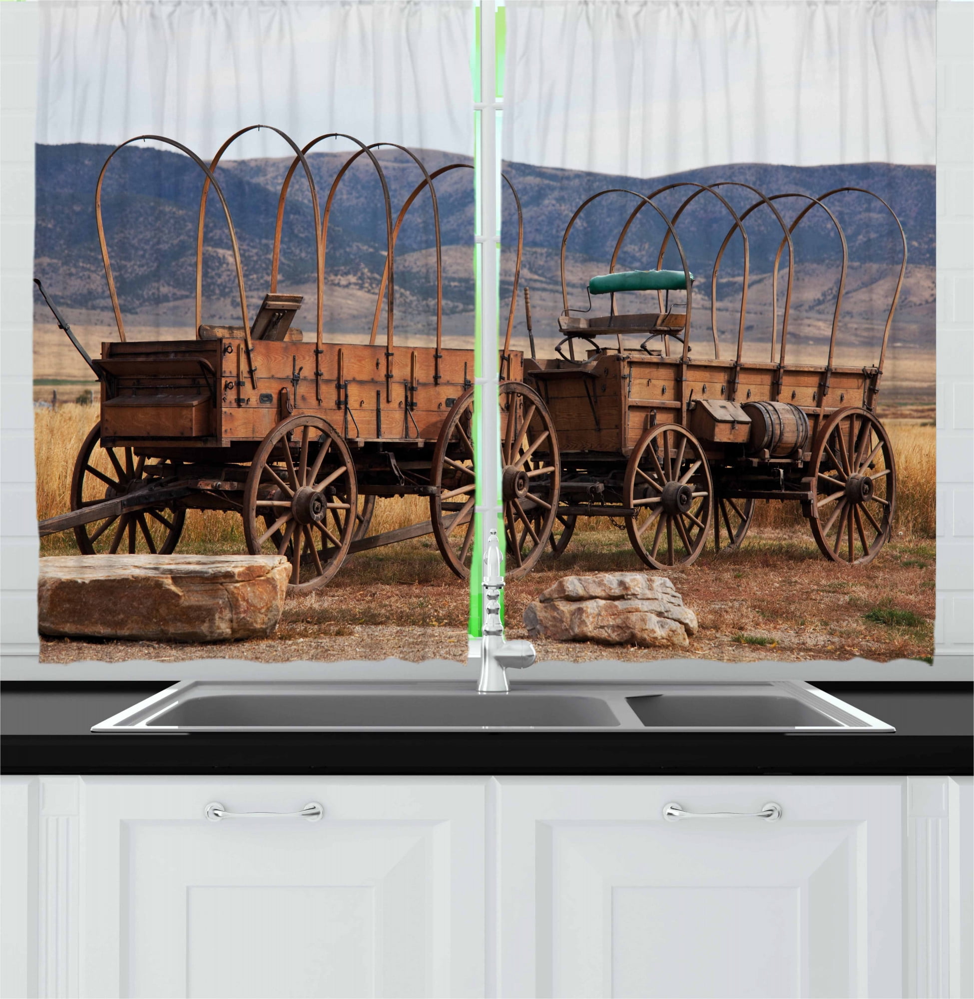 Ambesonne Wagon Wheel Kitchen Curtains, Western Style, 55"x45", Brown ...