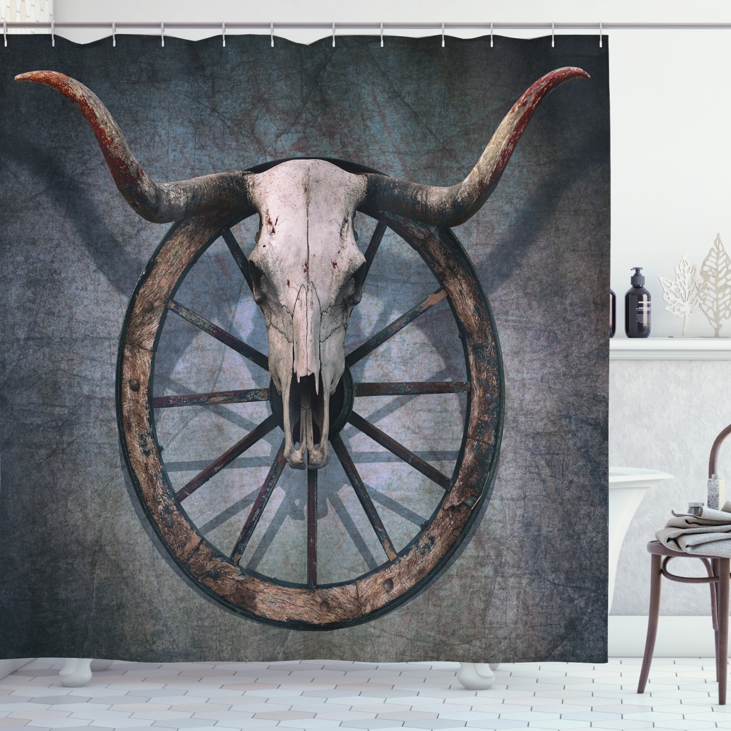 Ambesonne Wagon Wheel Shower Curtain, West Skull, 69"Wx75"L, Multicolor ...