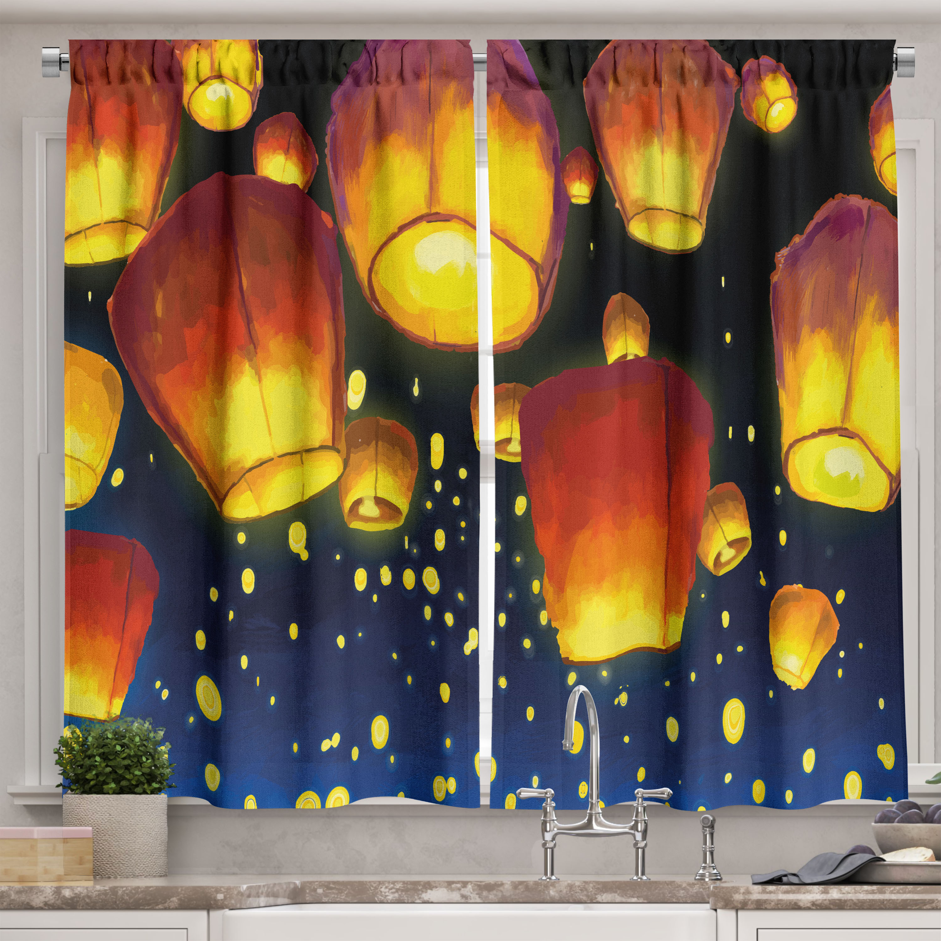 Ambesonne Watercolor Kitchen Curtains, Floating Fanoos Chinese, 55"x39 ...