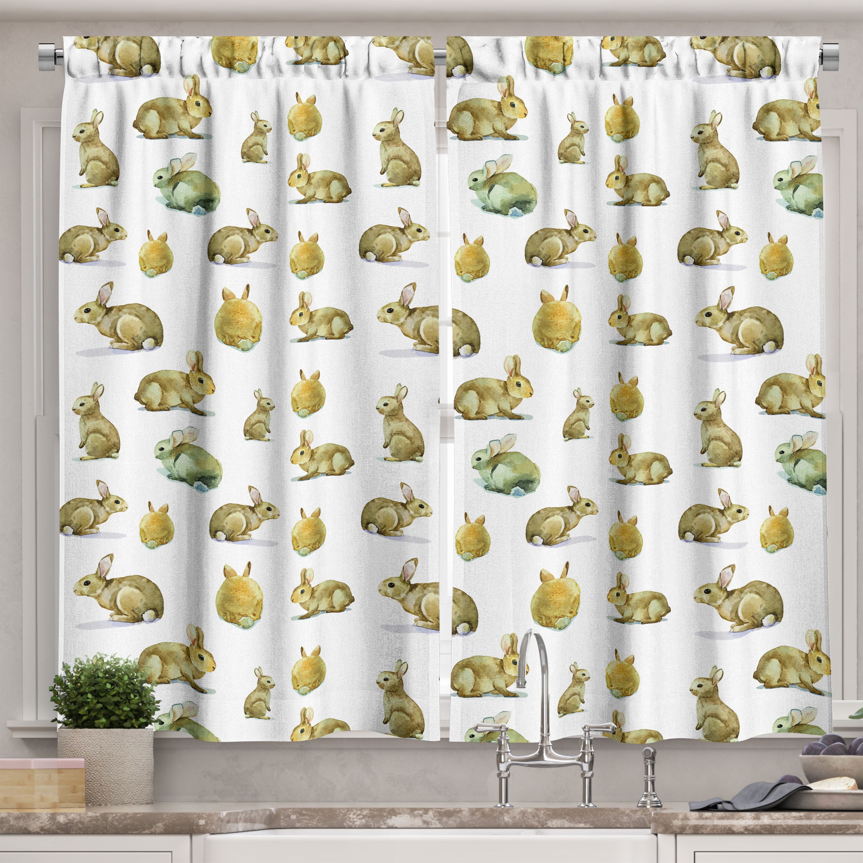 Ambesonne Watercolor Kitchen Curtains, Furry Rabbits, 55"x39", Pale ...