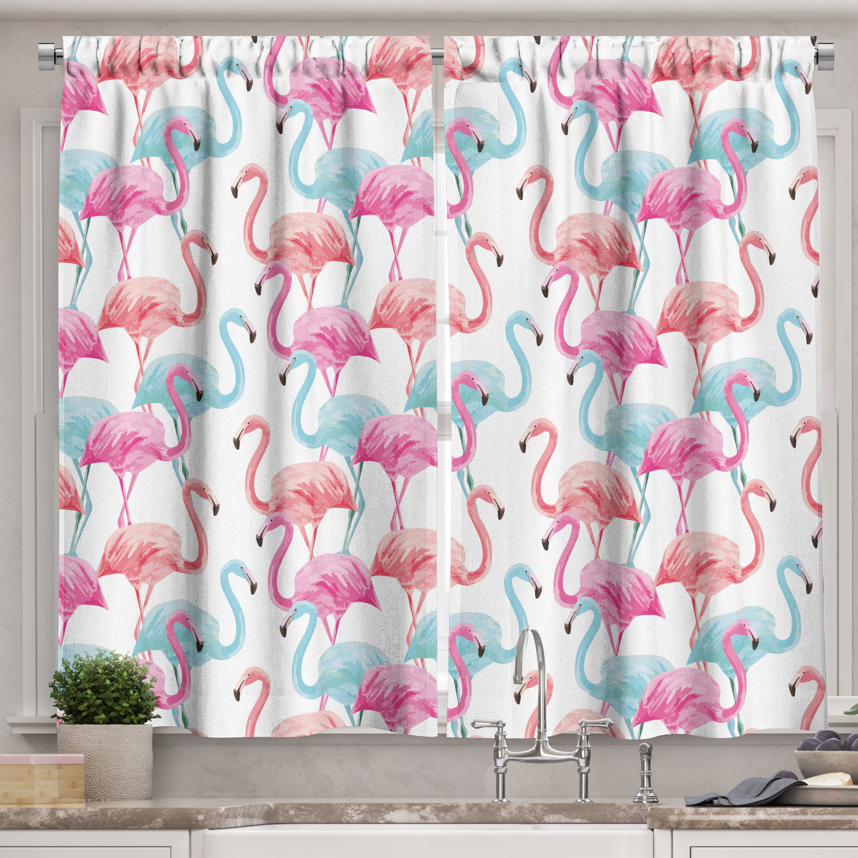 Ambesonne Watercolor Kitchen Curtains, Hawaii Flamingos, 55"x39", Pale ...