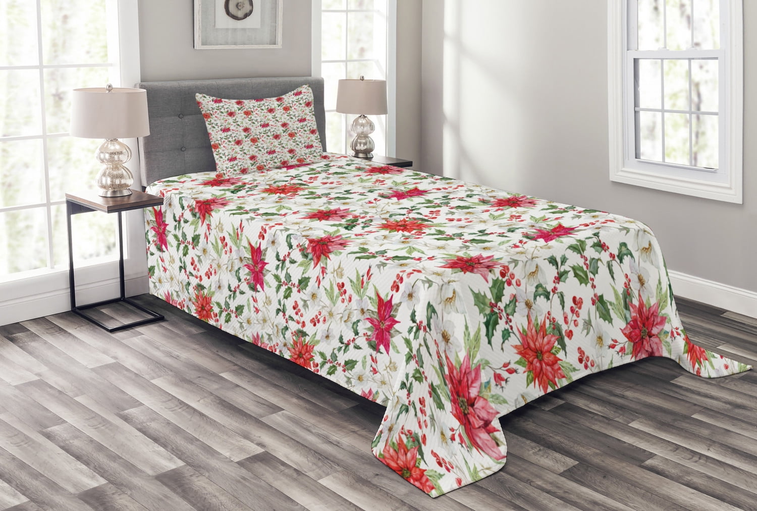 Ambesonne Watercolor Quilted Bedspread Set 2 Pcs, Poinsettia Rowan ...