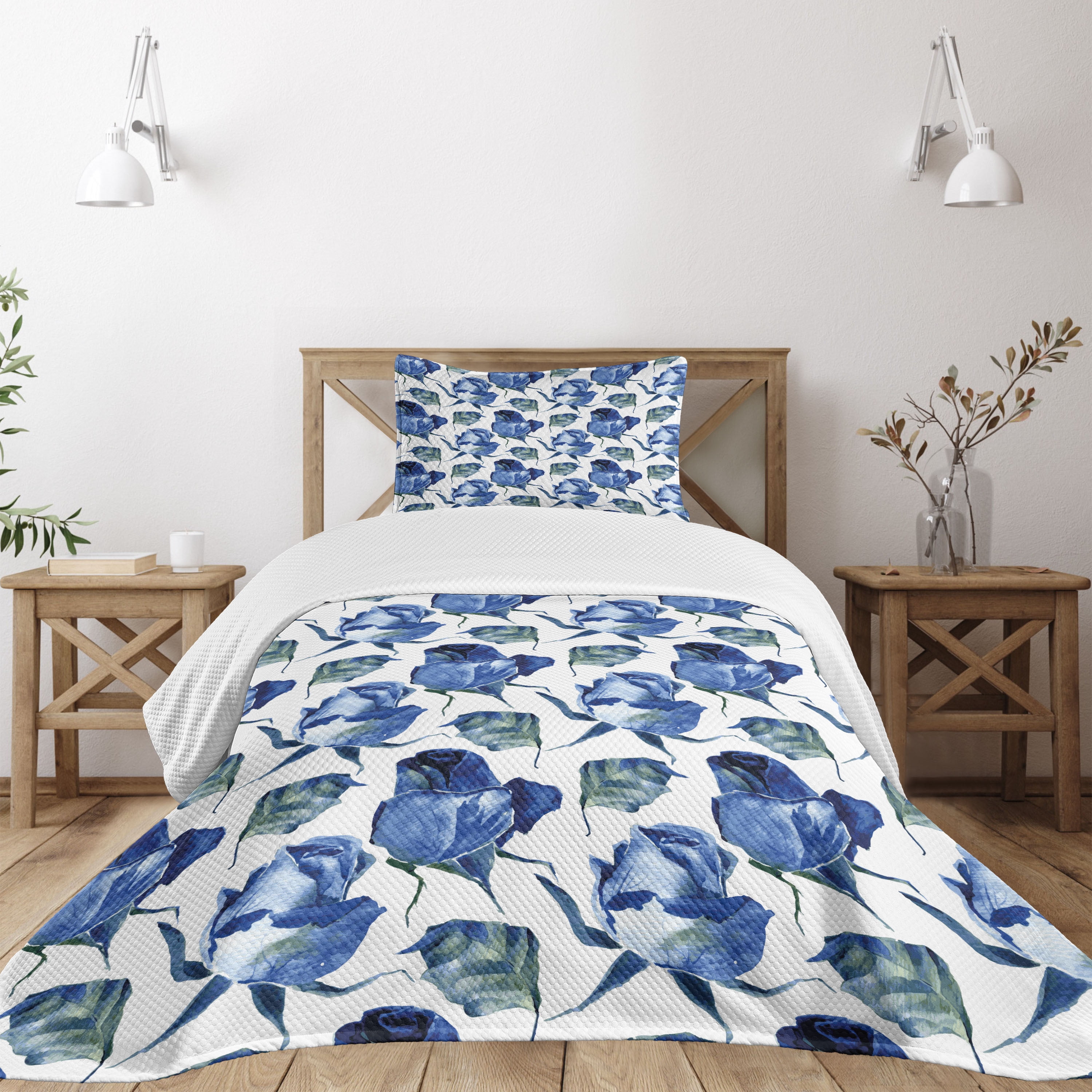 Ambesonne Watercolor Quilted Bedspread Set 2 Pcs, Roses with Leaves ...