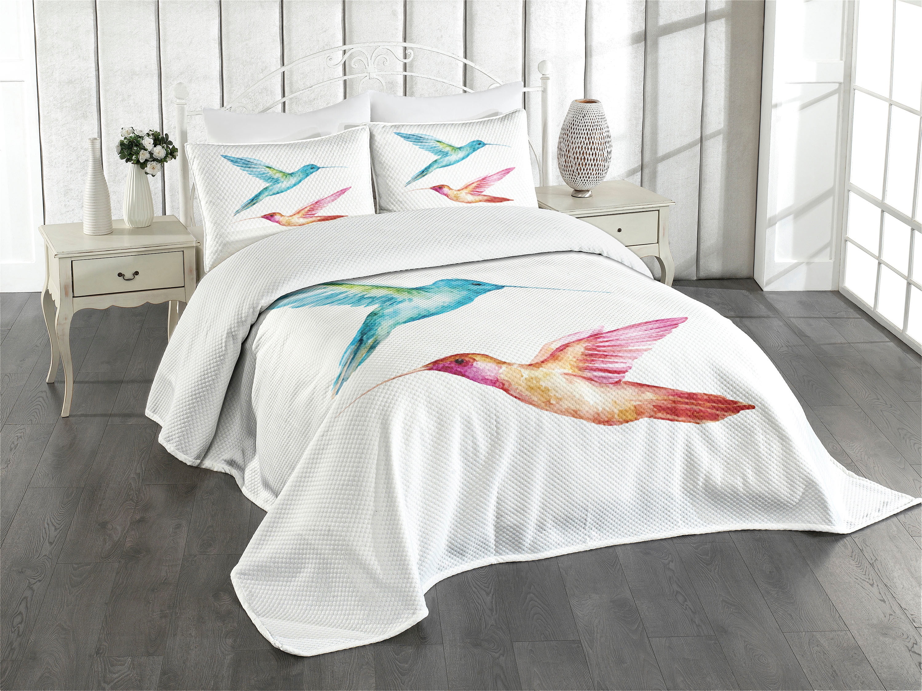 Ambesonne Watercolor Quilted Bedspread Set 3 Pcs, Colorful Hummingbird ...
