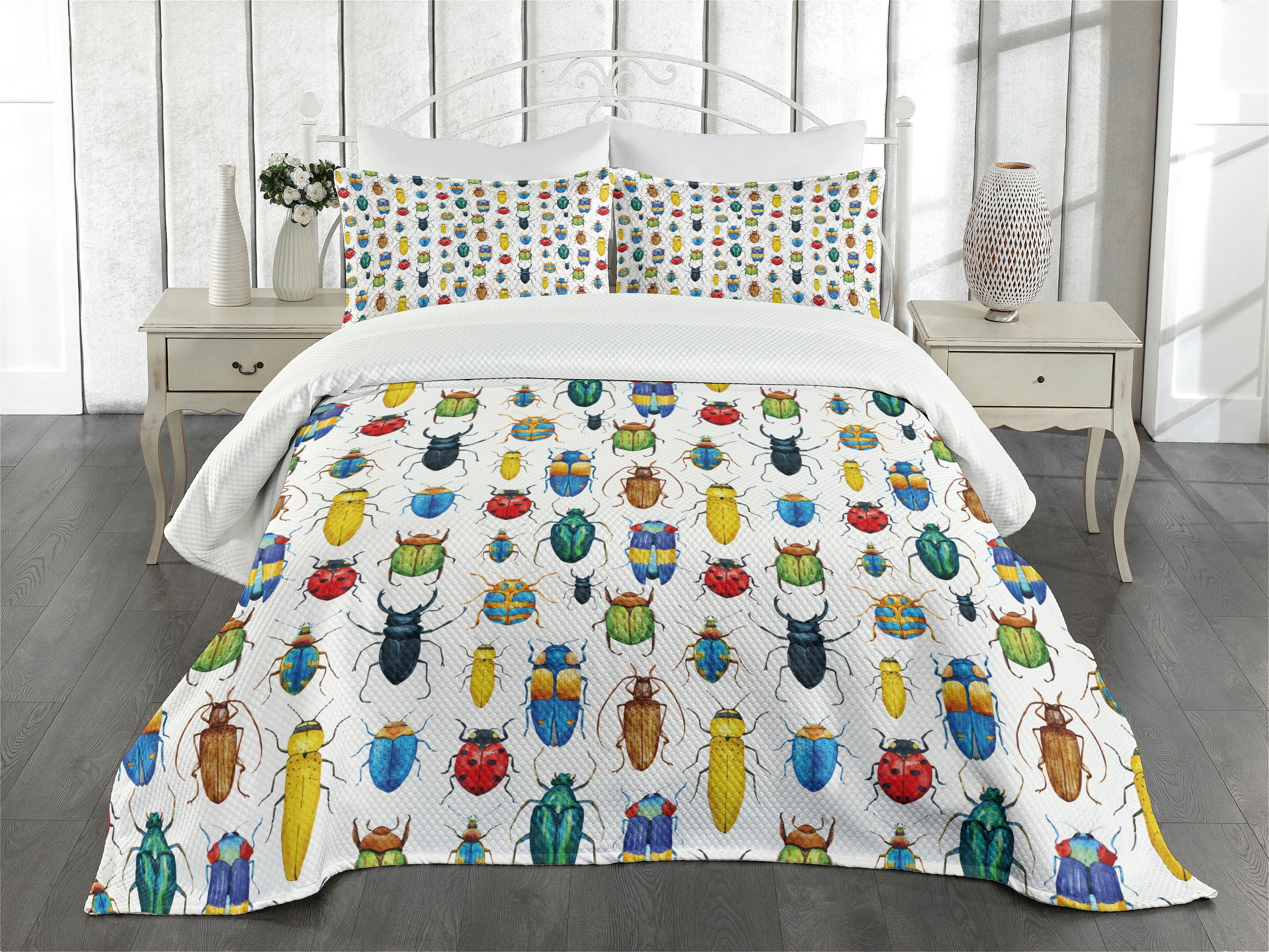 Ambesonne Watercolor Quilted Bedspread Set 3 Pcs, Colorful Insects ...