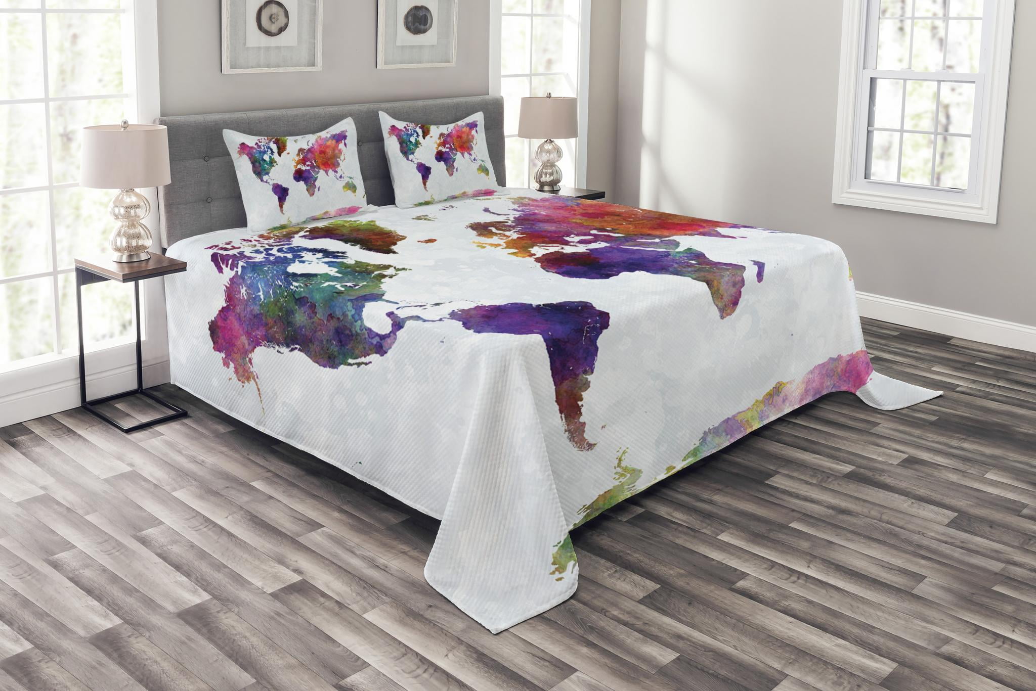 Ambesonne Watercolor Quilted Bedspread Set 3 Pcs, Colorful World Map ...