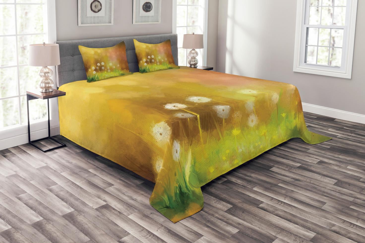 Ambesonne Watercolor Quilted Bedspread Set 3 Pcs, Dandelions Fawn ...