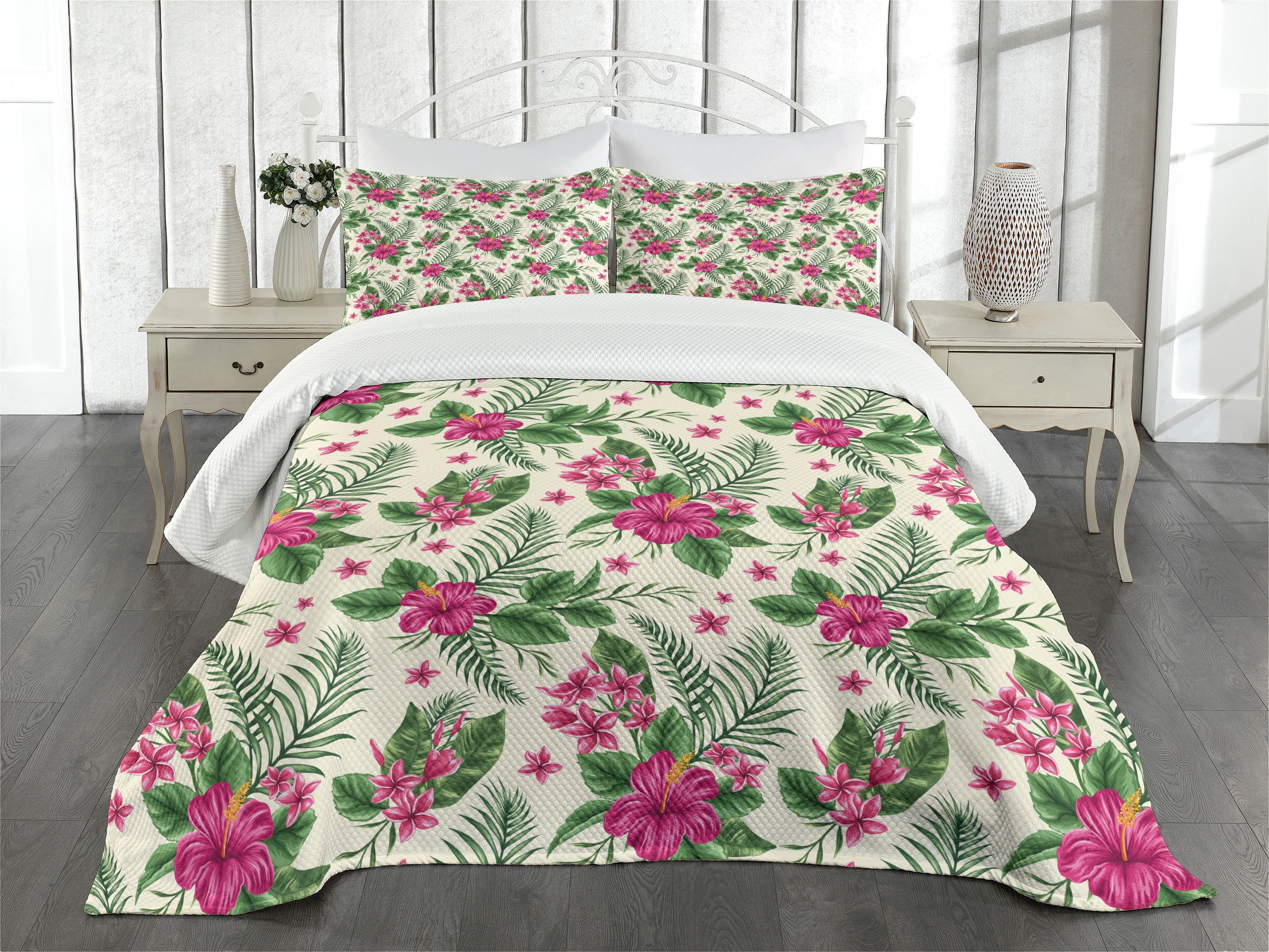Ambesonne Watercolor Quilted Bedspread Set 3 Pcs, Plumeria Hibiscus ...