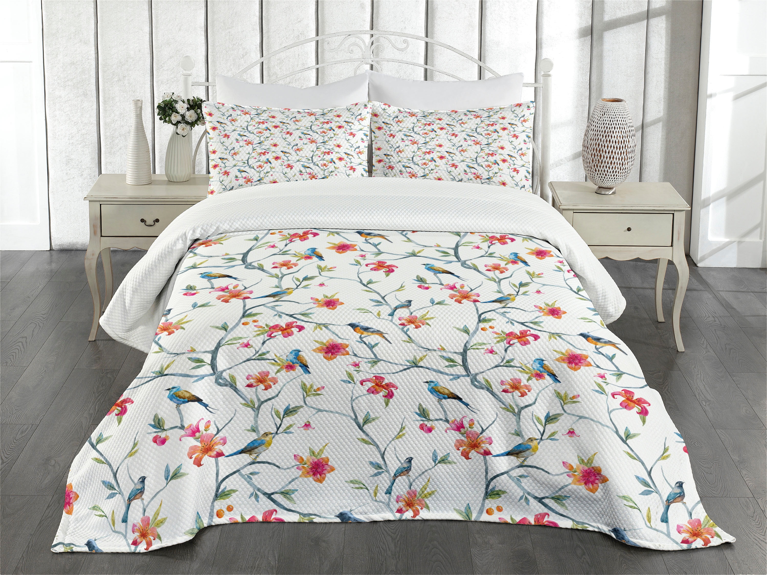 Ambesonne Watercolor Quilted Bedspread Set 3 Pcs, Retro Birds on ...