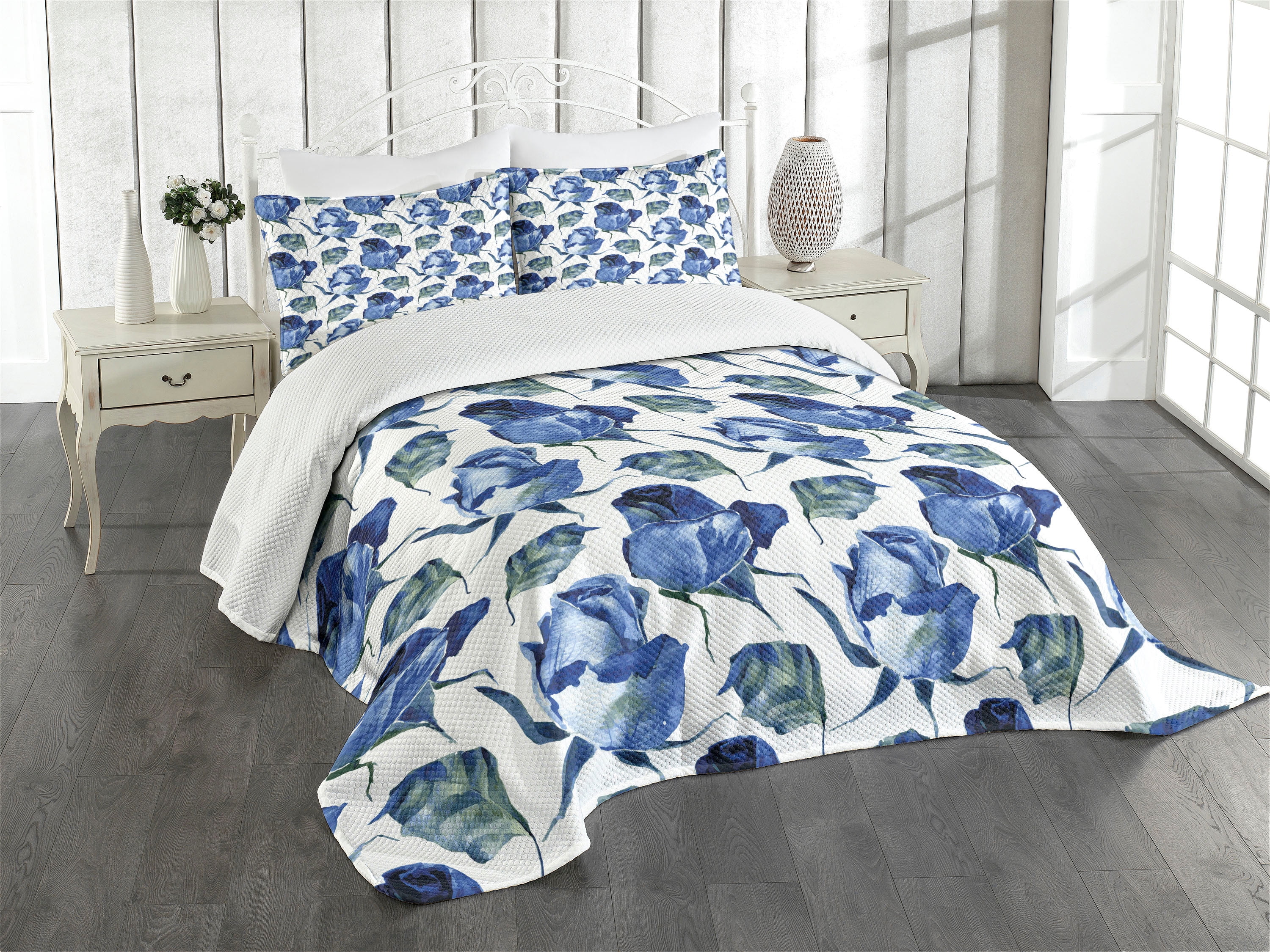 Ambesonne Watercolor Quilted Bedspread Set 3 Pcs, Roses with Leaves ...