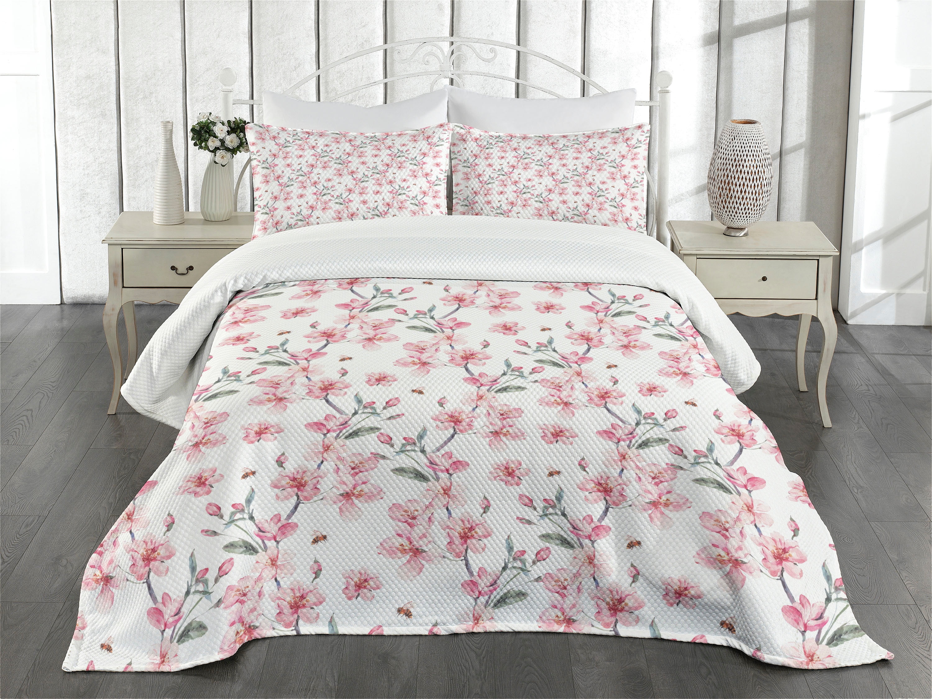 Ambesonne Watercolor Quilted Bedspread Set 3 Pcs, Sakura Cherry Garden ...