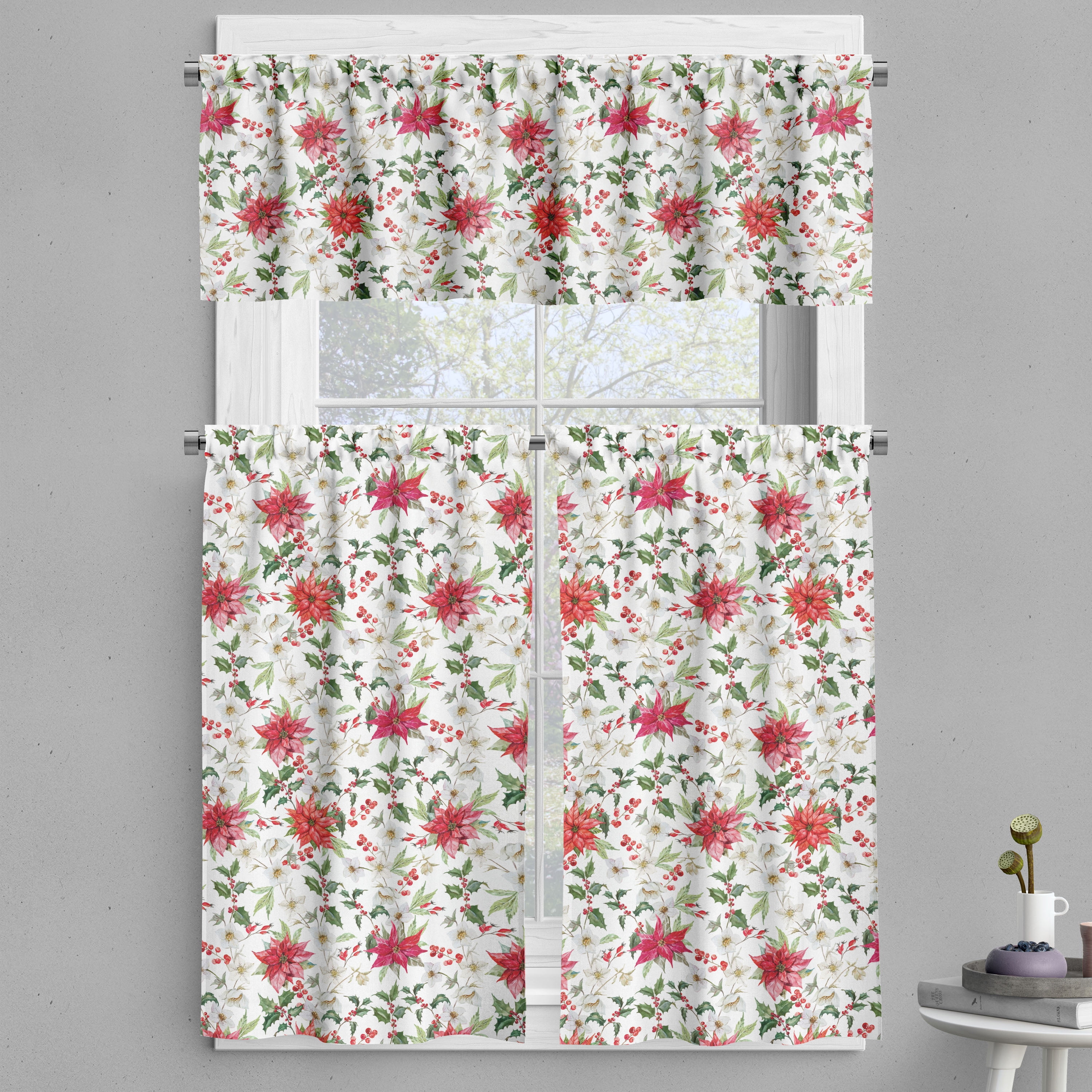 Ambesonne Watercolor Valance & Curtain, Poinsettia Rowan, 55"x30 ...