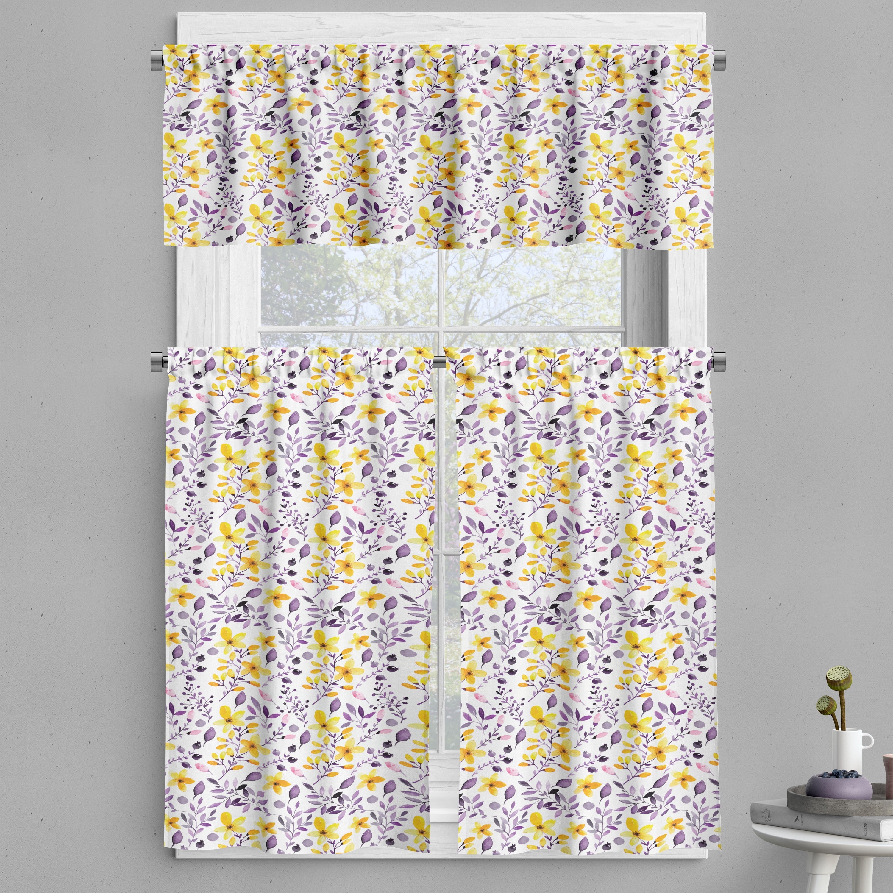 Ambesonne Watercolor Valance & Curtain, Yellow Wildflowers, 55"x36 ...