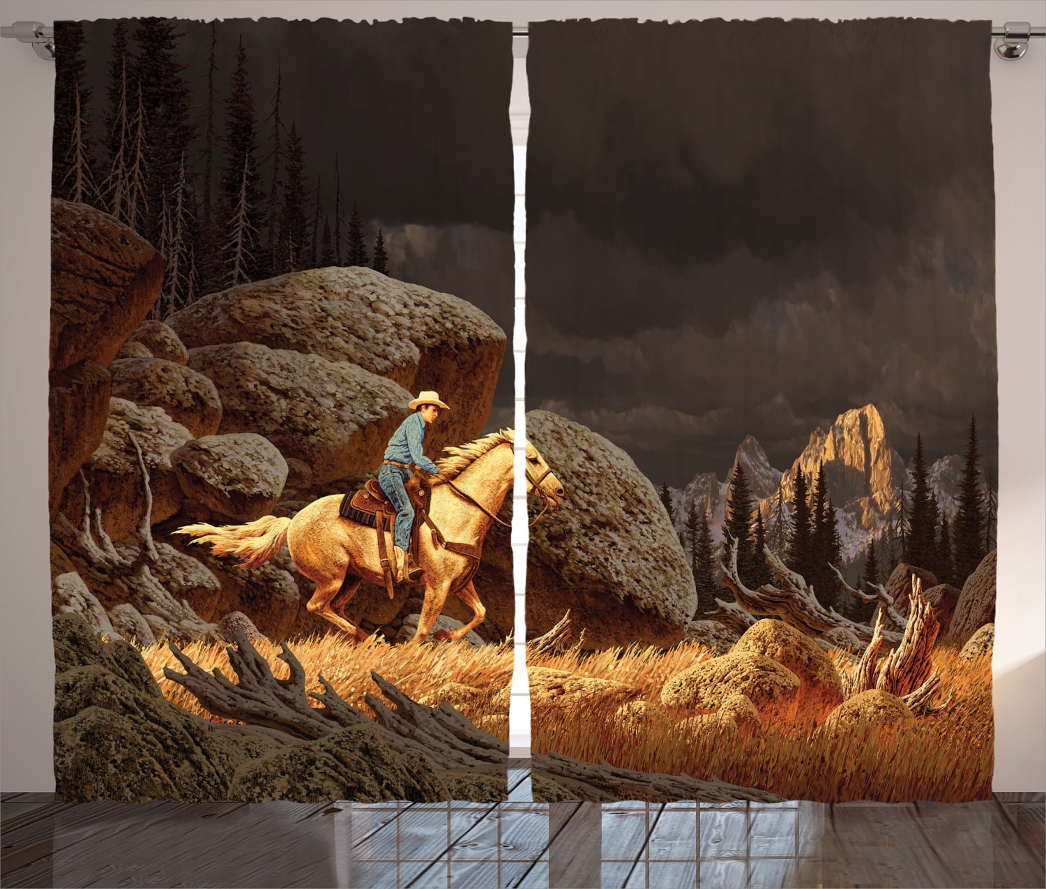 Ambesonne Western Curtains 2 Panel Set, Cowboy Riding Horse, 108" x 84 ...