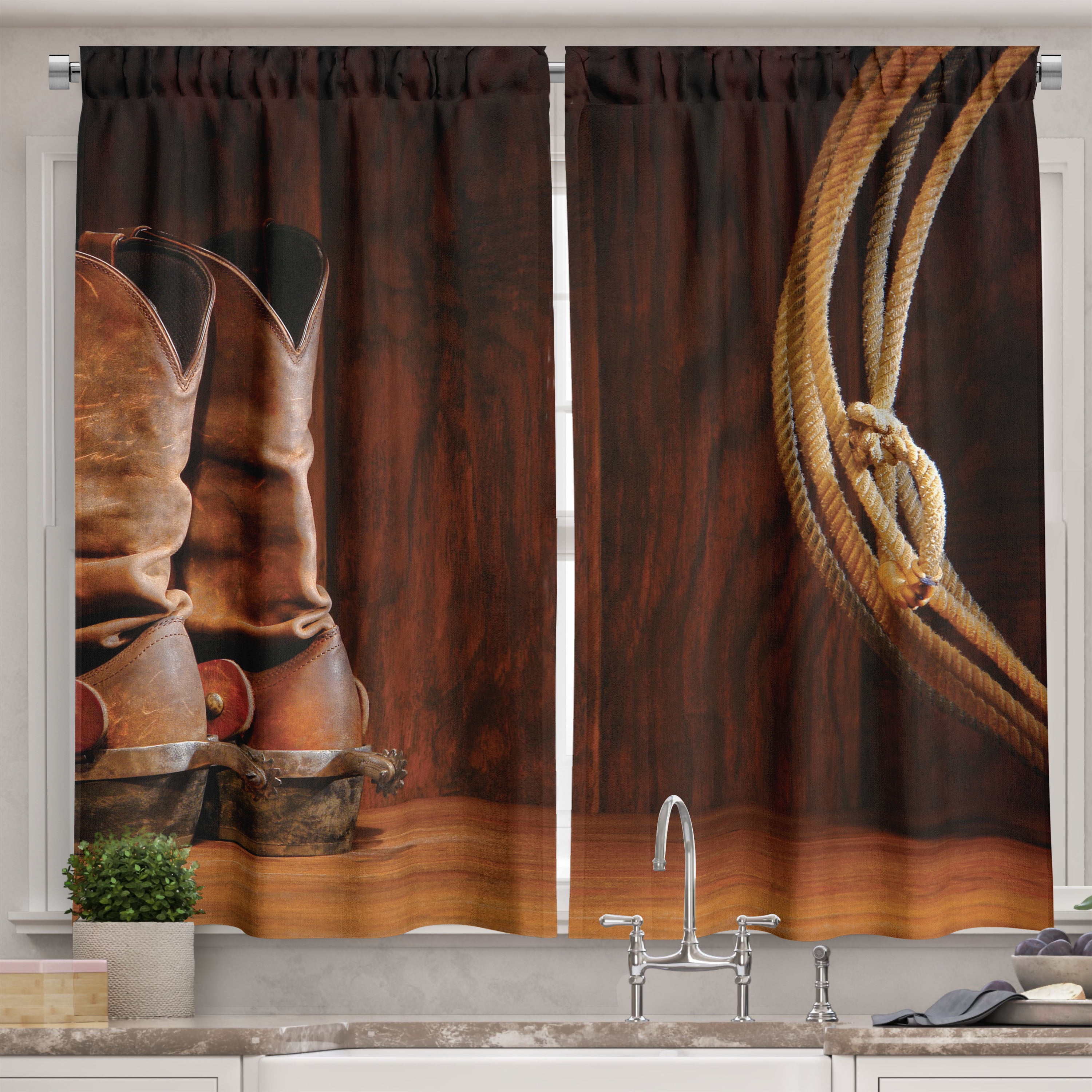 Ambesonne Western Kitchen Curtains, Cowboy Wild Sports, 55"x45", Umber ...