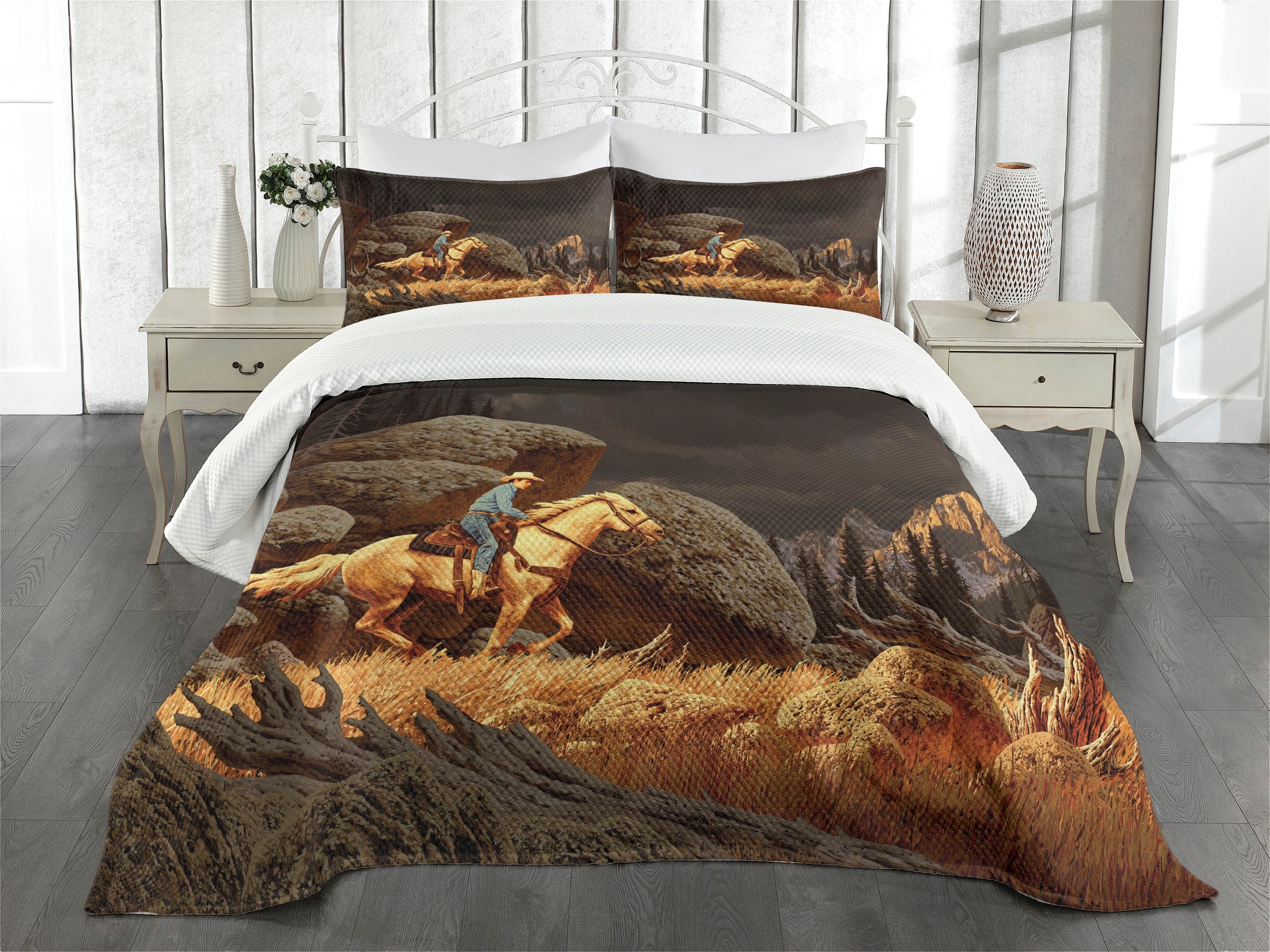 Ambesonne Western Quilted Bedspread Set 3 Pcs, Cowboy Riding Horse ...