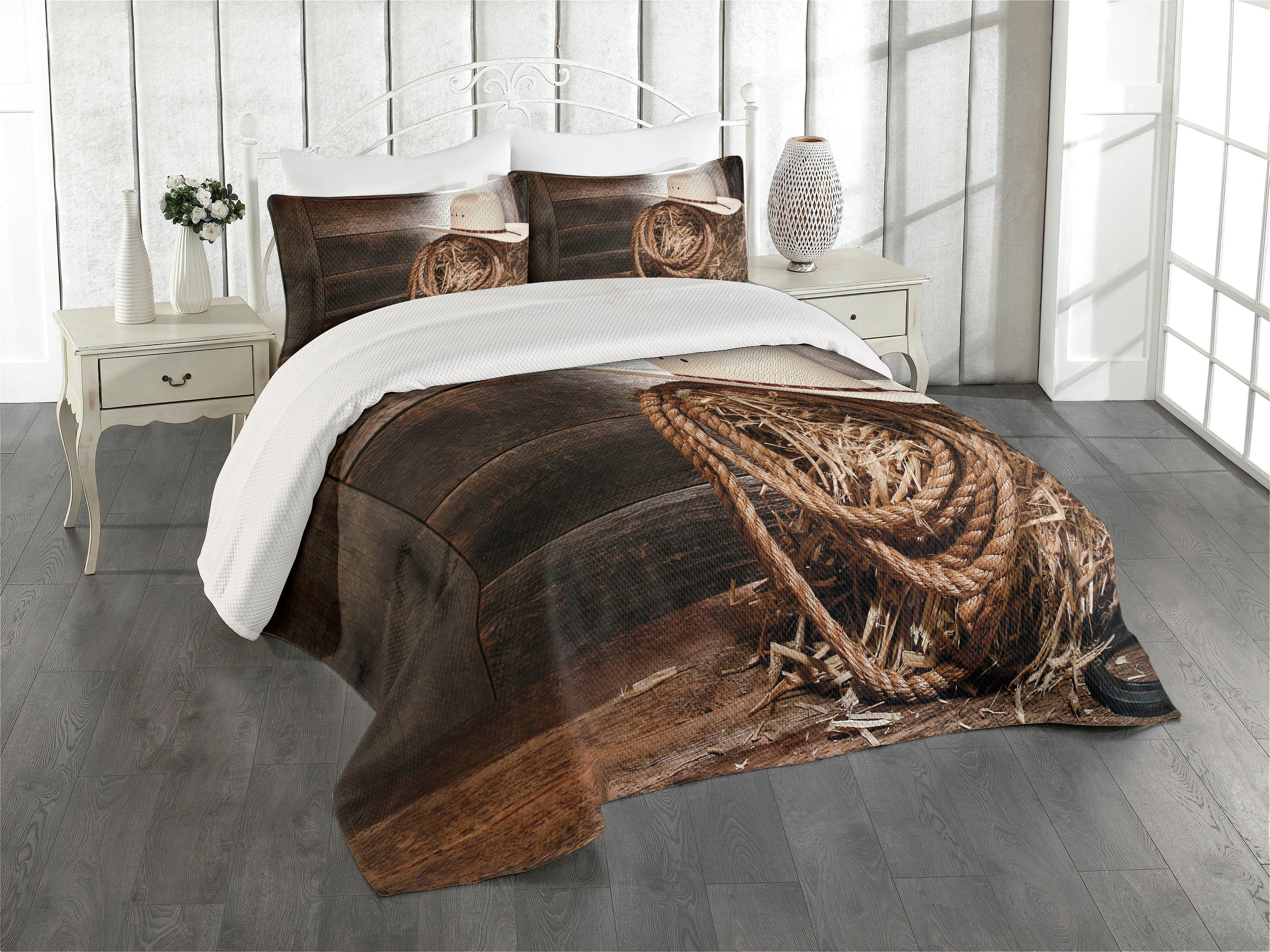 Ambesonne Western Quilted Coverlet 3 Pcs, Wooden Folk Robe Hat, Queen ...