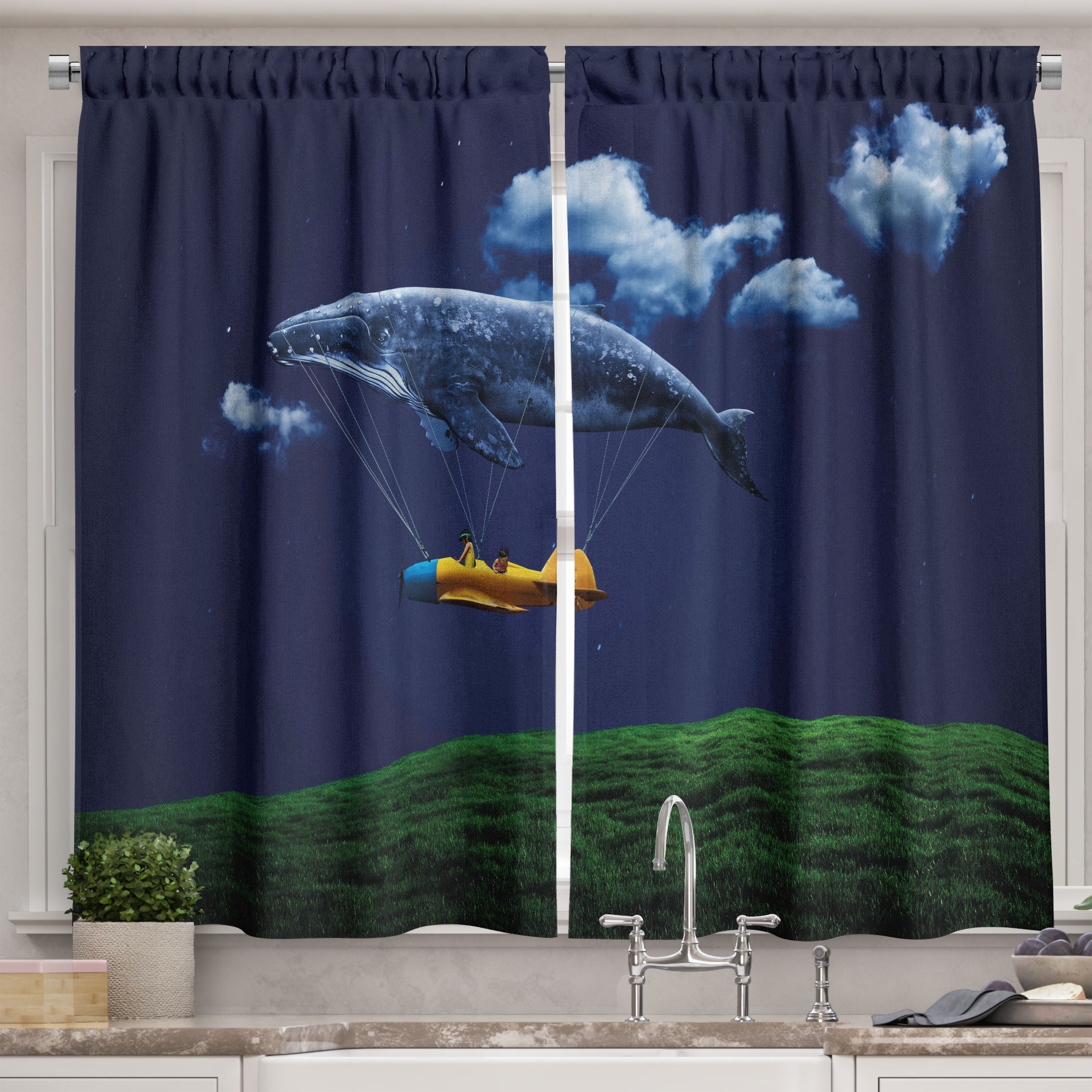 Ambesonne Whale Kitchen Curtains, Nostalgic Airship Mystic, 55"x39 ...