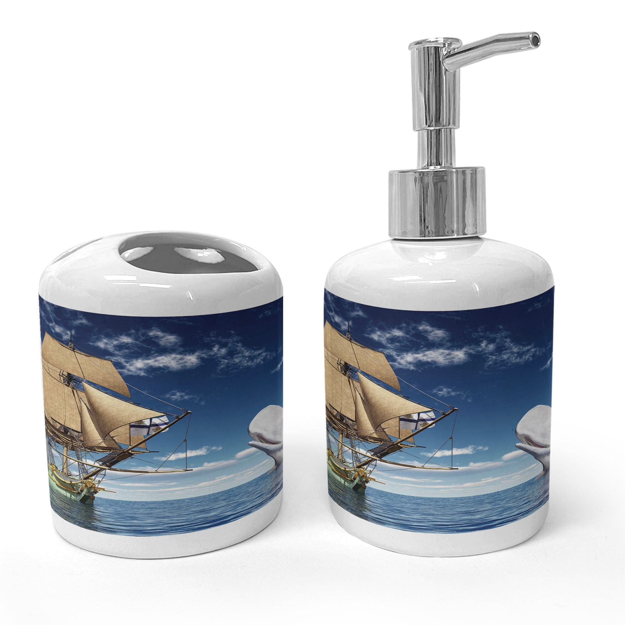 Ambesonne Whale Soap Dispenser & Toothbrush Holder Set, Pirate Ship and ...