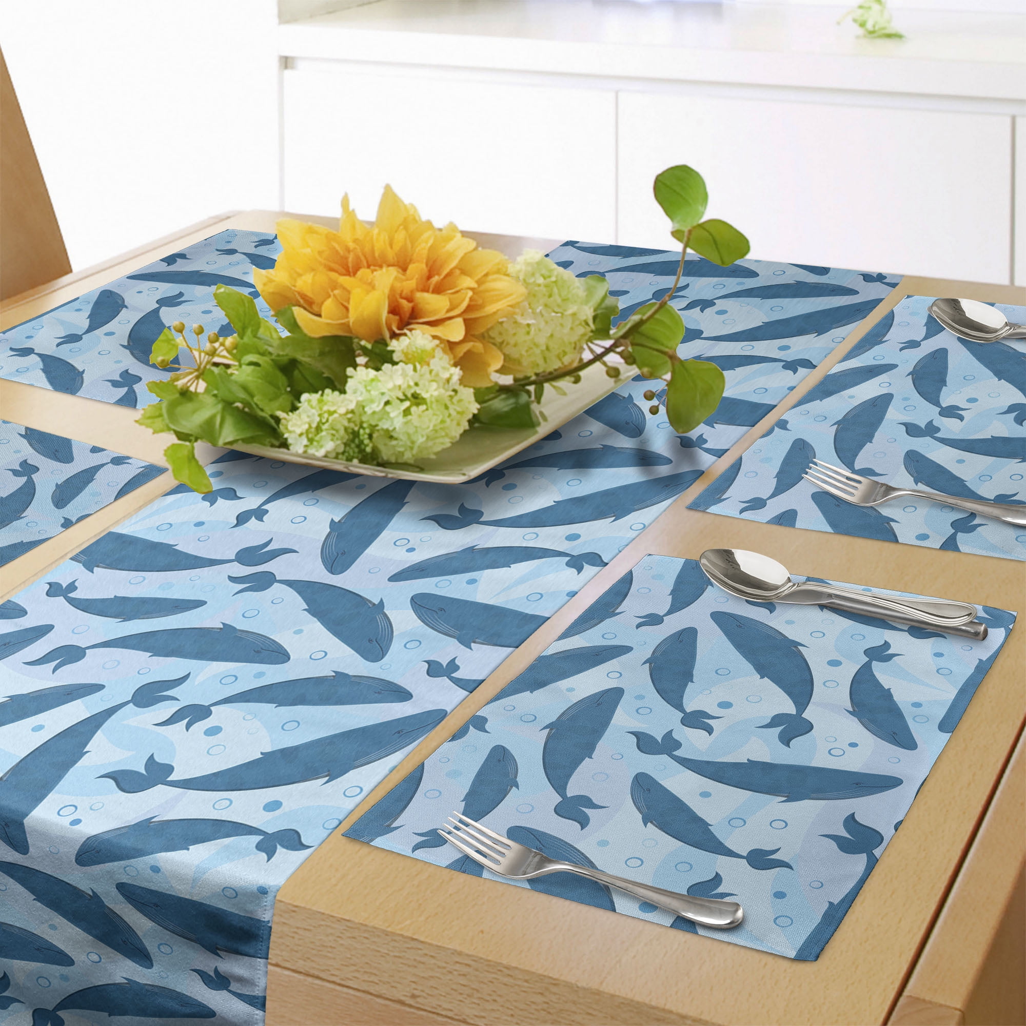 Ambesonne Whale Table Runner & Placemats, Big Blue Aquatic Animals ...