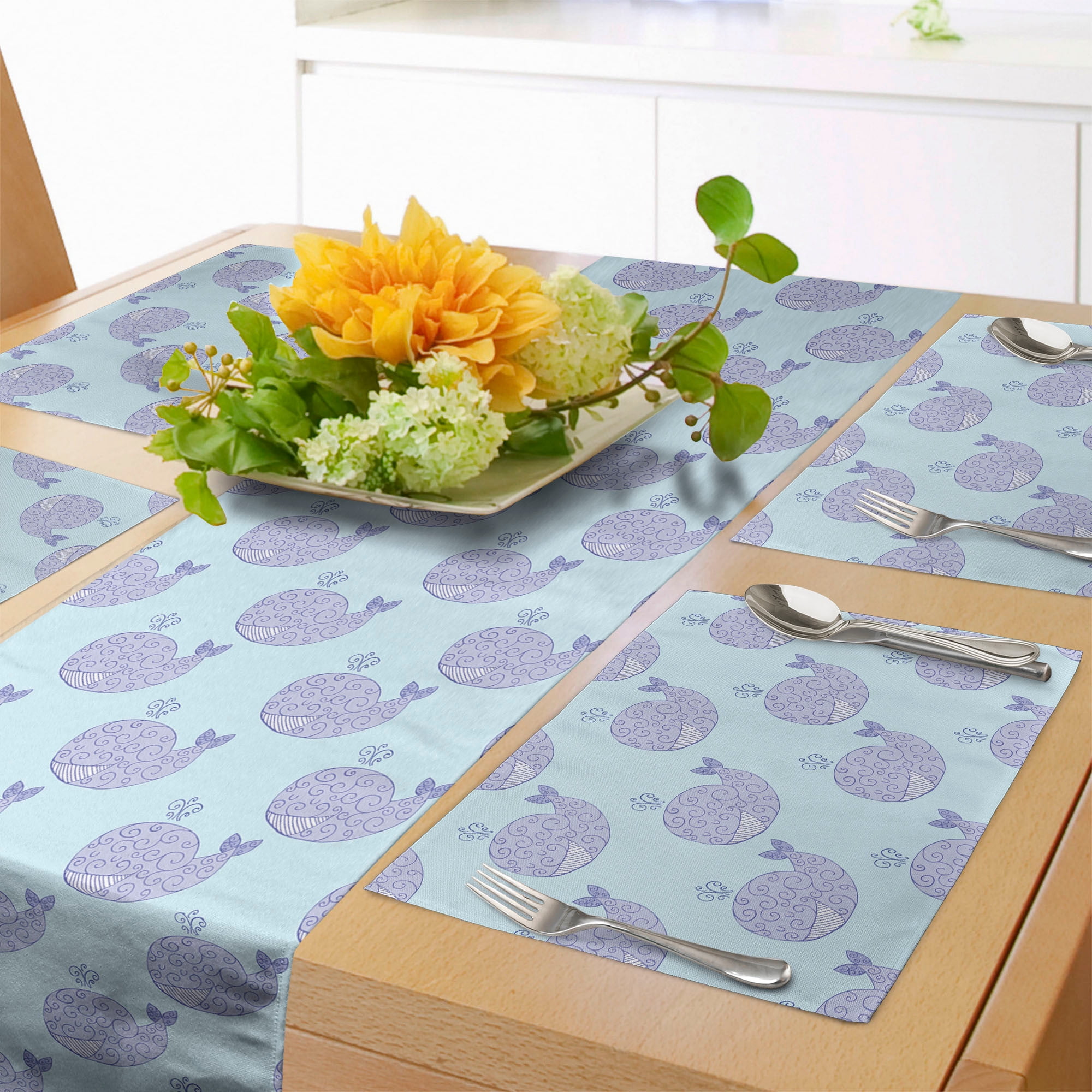 Ambesonne Whale Table Runner & Placemats, Cartoon Animal with Smile ...