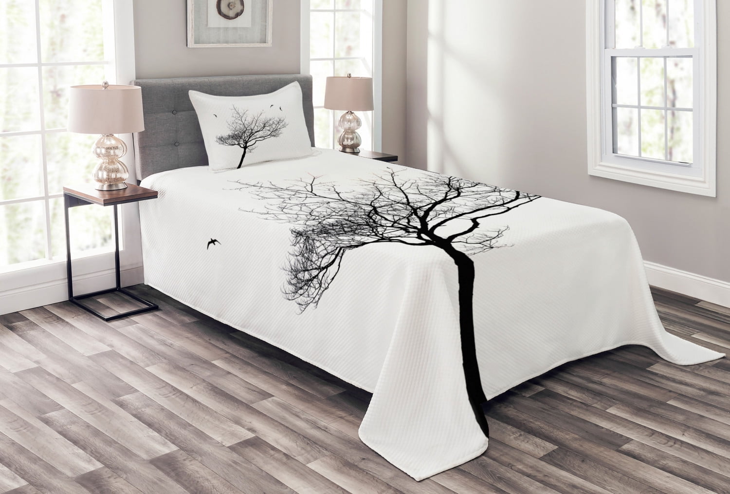 Ambesonne White Quilted Bedspread Set 2 Pcs, Tree Flying Birds, Twin ...