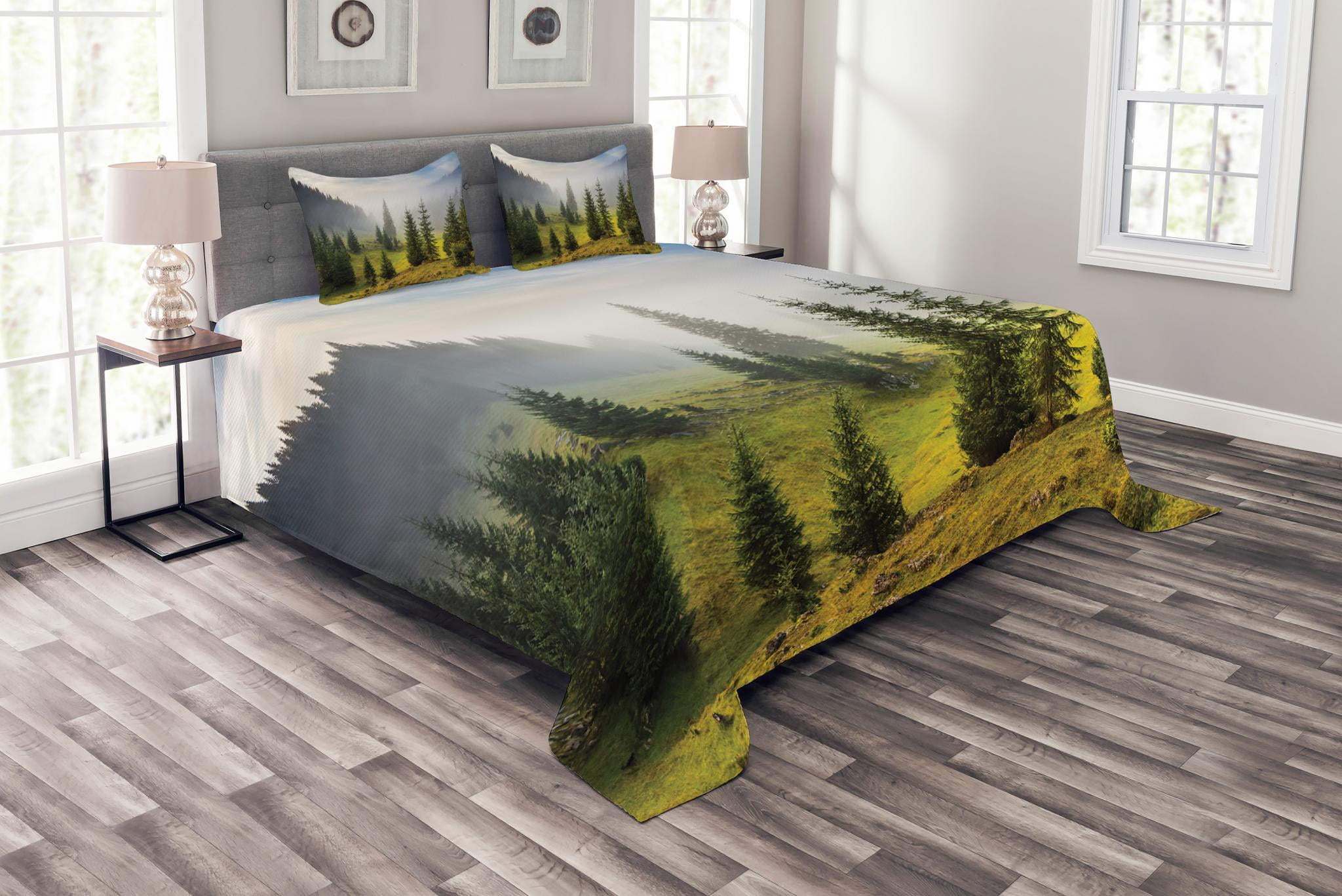 Ambesonne White Quilted Bedspread Set 3 Pcs, Green Trees on Meadow ...