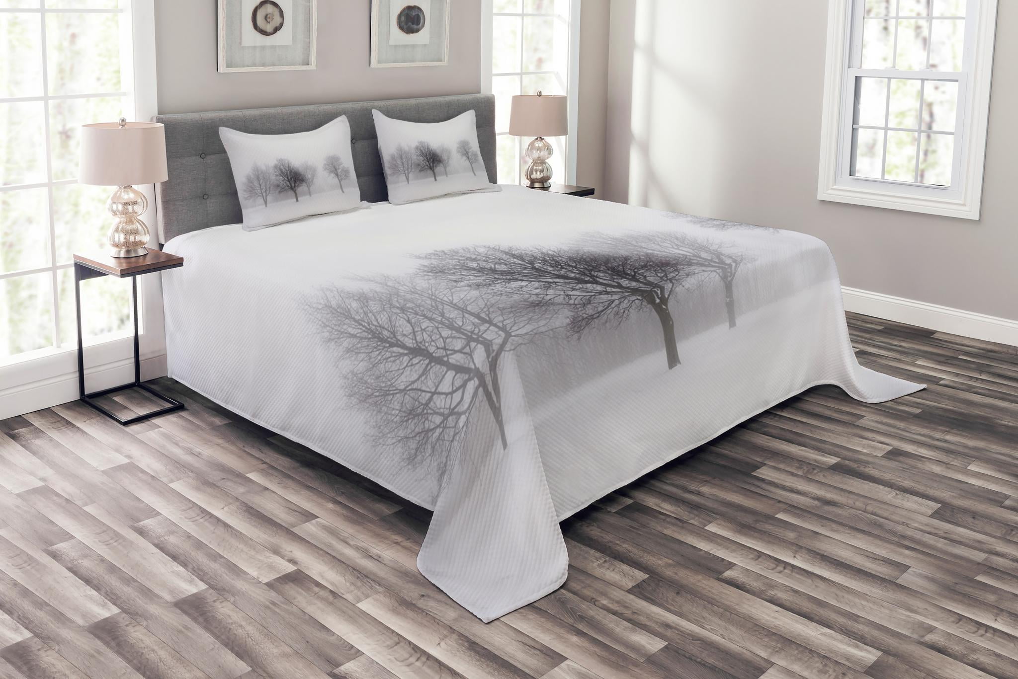 Ambesonne White Quilted Bedspread Set 3 Pcs, Misty Winter Scenery ...