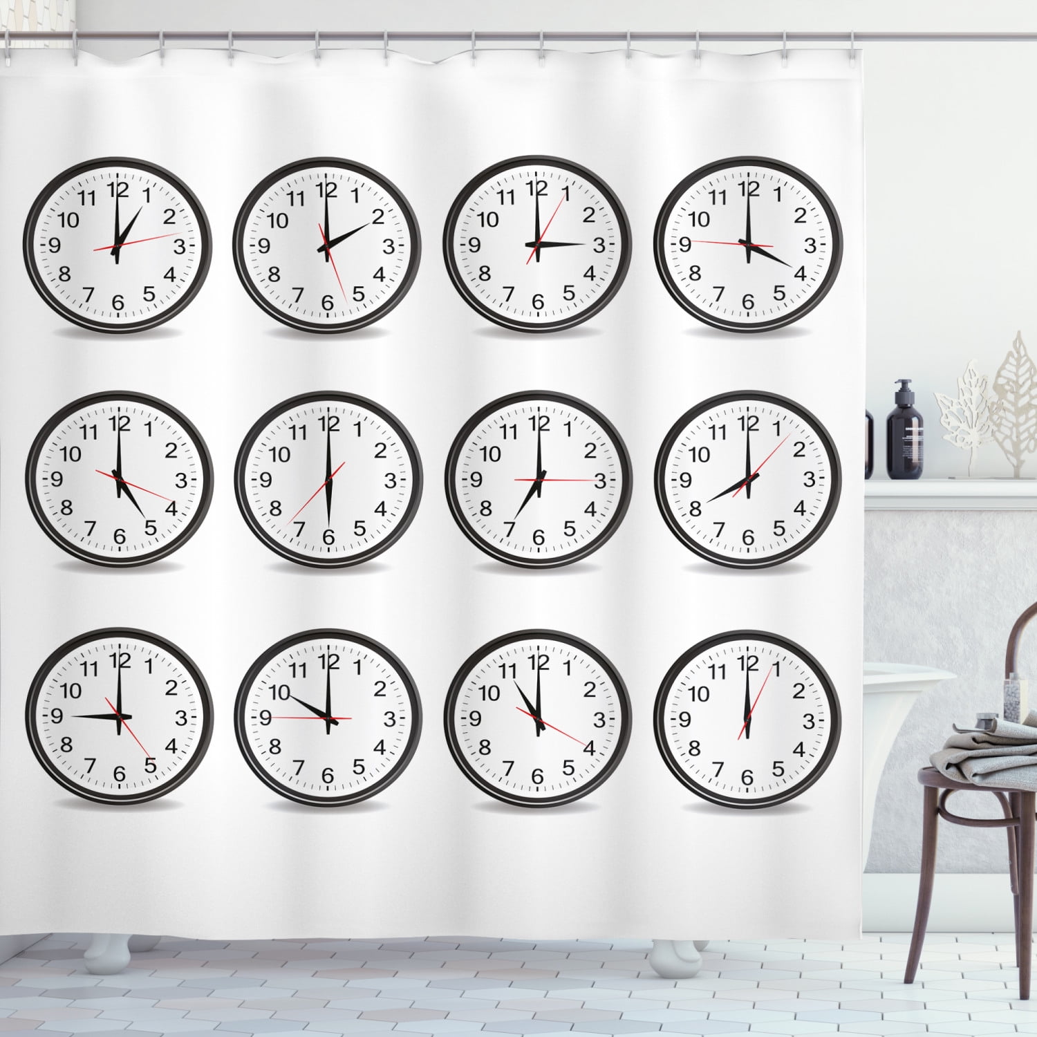 Ambesonne White Shower Curtain, Clocks and Black Numbers, 69"Wx70"L ...