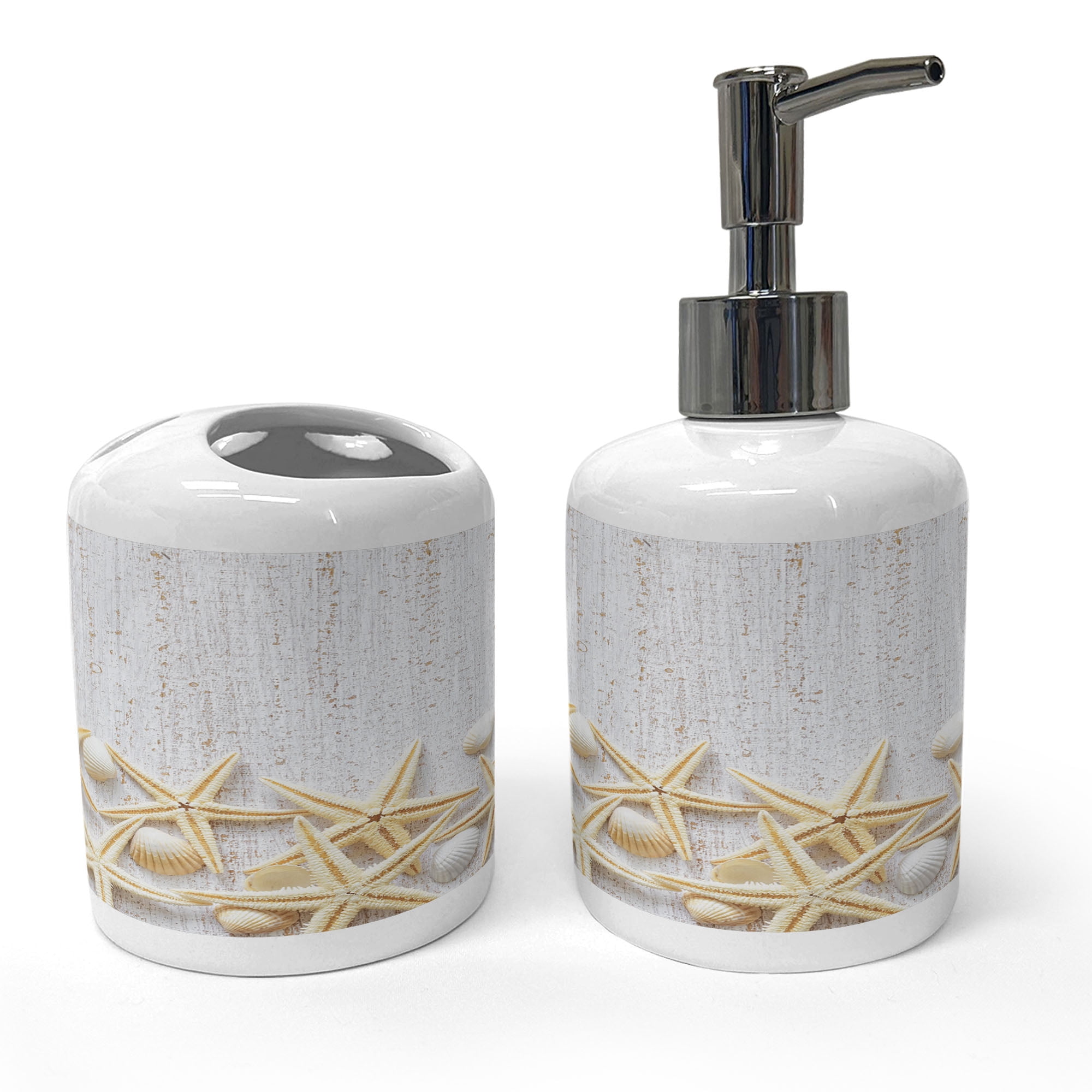 Ambesonne White Soap Dispenser & Toothbrush Holder Set, Sea Shells on ...