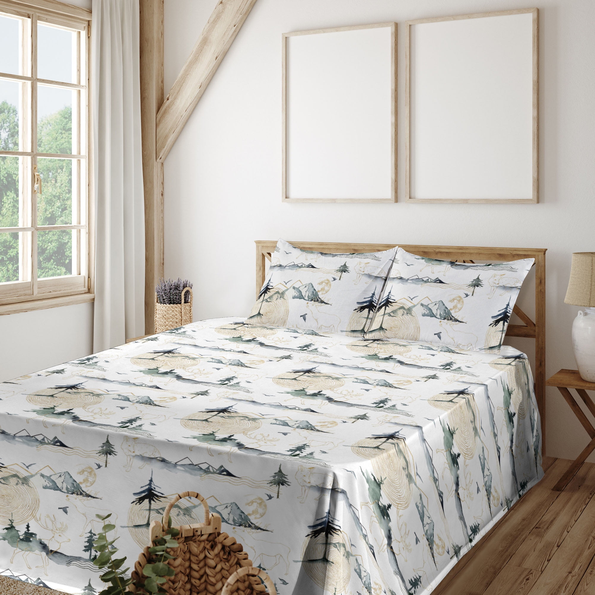 Ambesonne Wild Nature Fitted & Flat Sheet with Shams 4 Pcs Set, Wolf ...