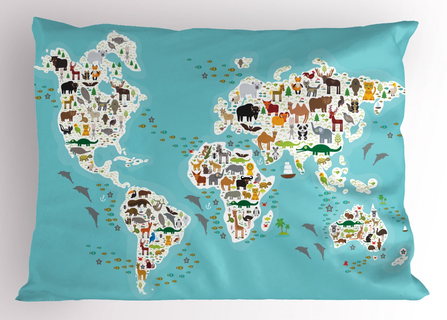 Ambesonne Wildlife Pillow Sham, World Map Local Animal, 26" X 20 ...