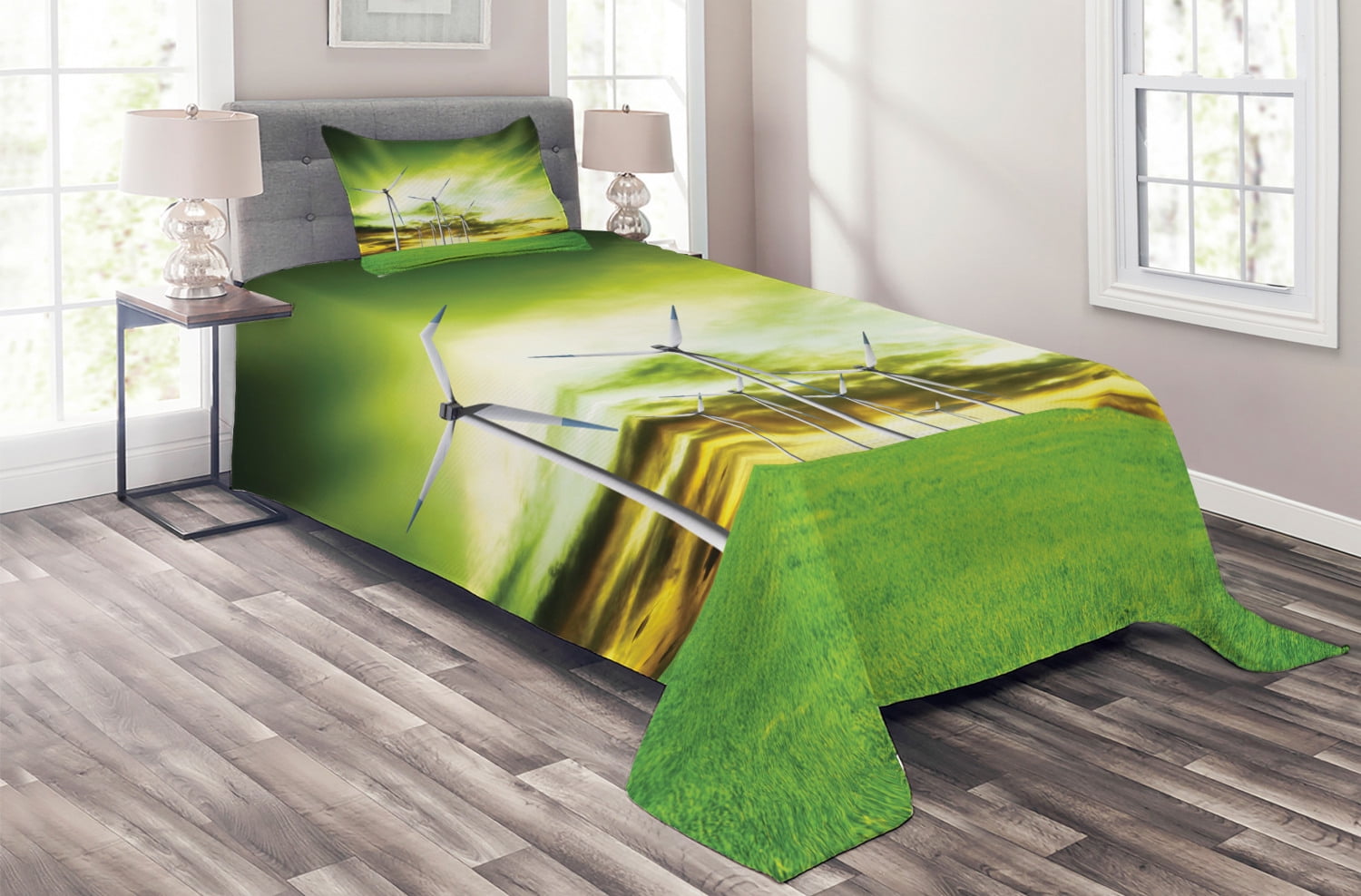 Ambesonne Windmill Quilted Coverlet 2 Pcs, Wing Turbines Green Sky ...