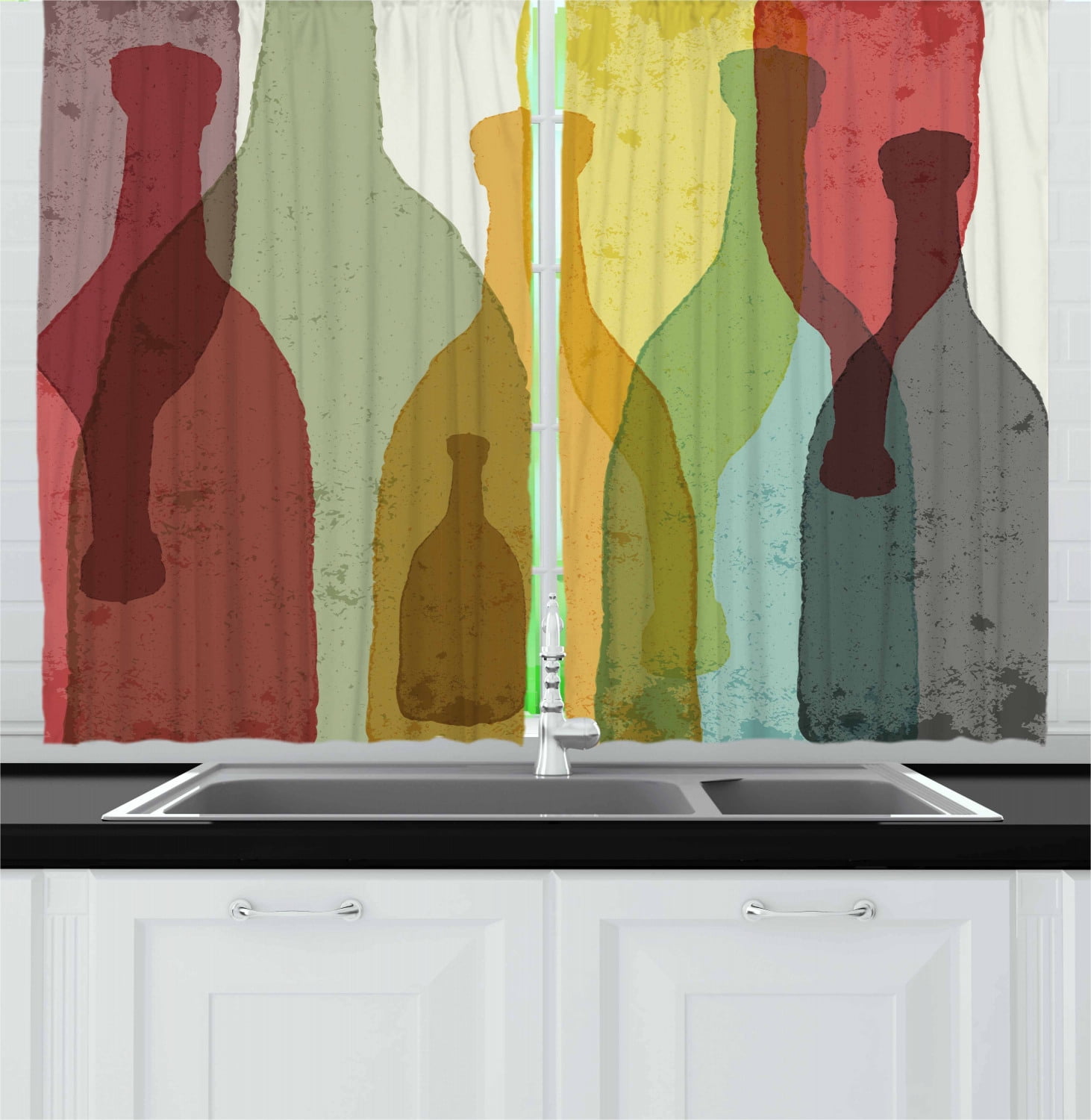Ambesonne Wine Kitchen Curtains, Abstract Colorful Bottles, 55"x39 ...