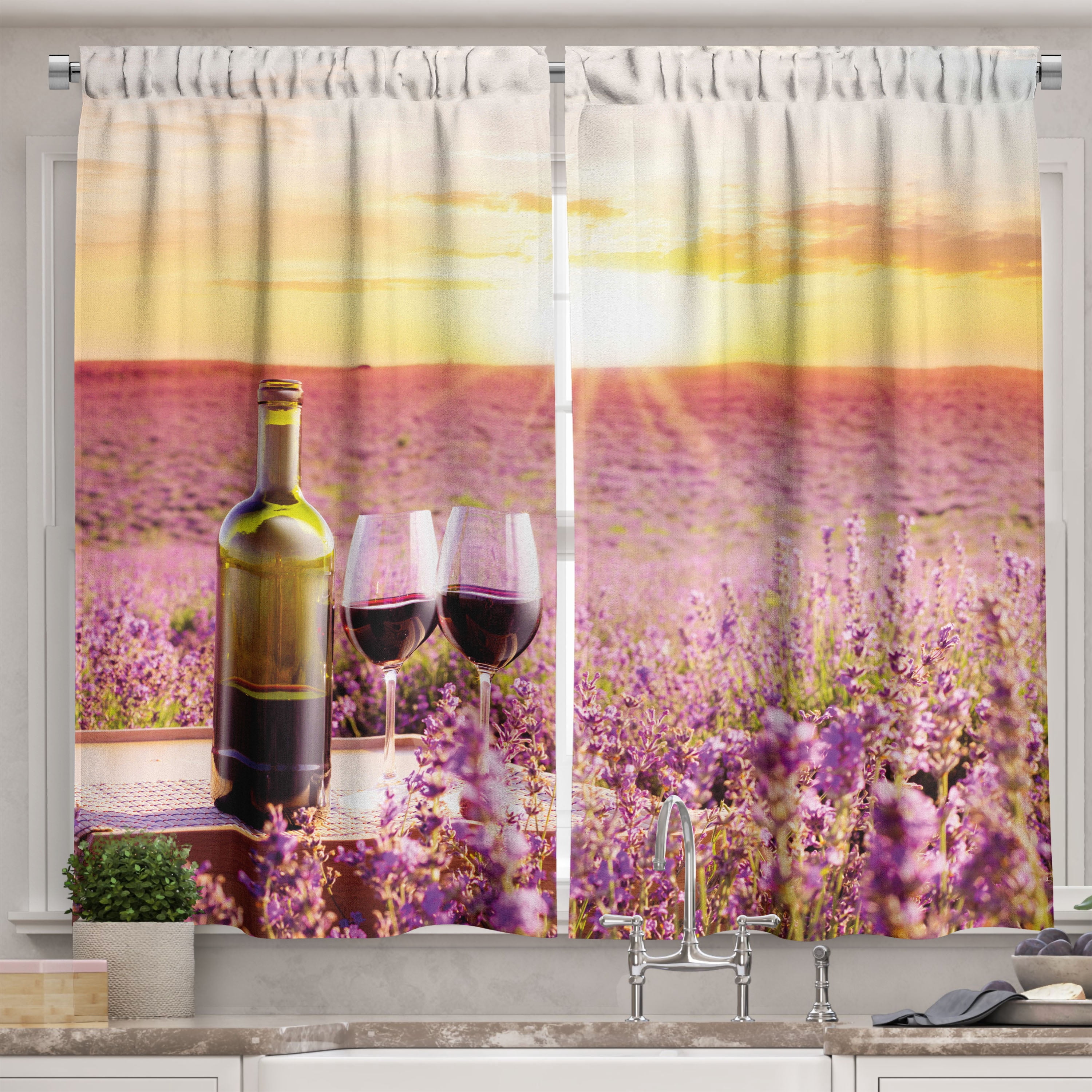 Ambesonne Wine Kitchen Curtains, Blooming Lavender Picnic, 55"x45 ...